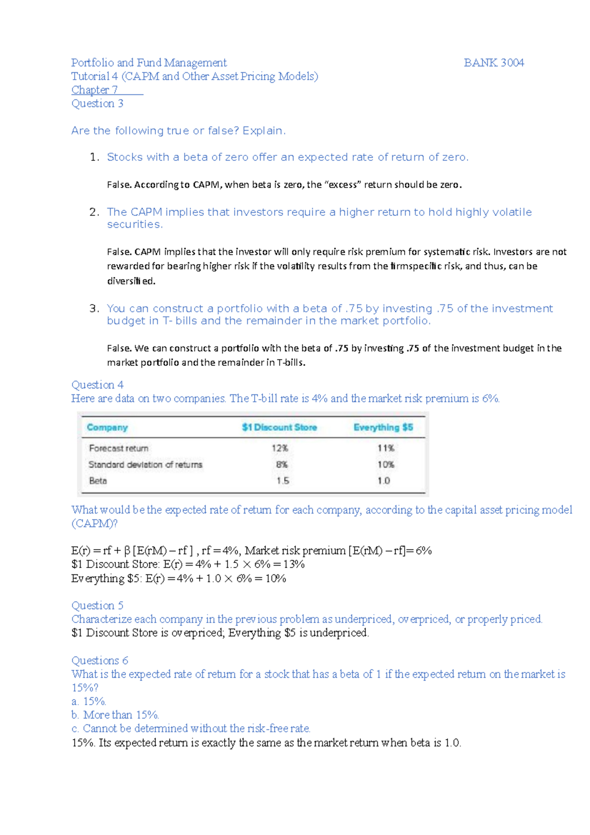 Week 4 Tutorial - Portfolio and Fund Management - Portfolio and Fund Management BANK 3004 ...