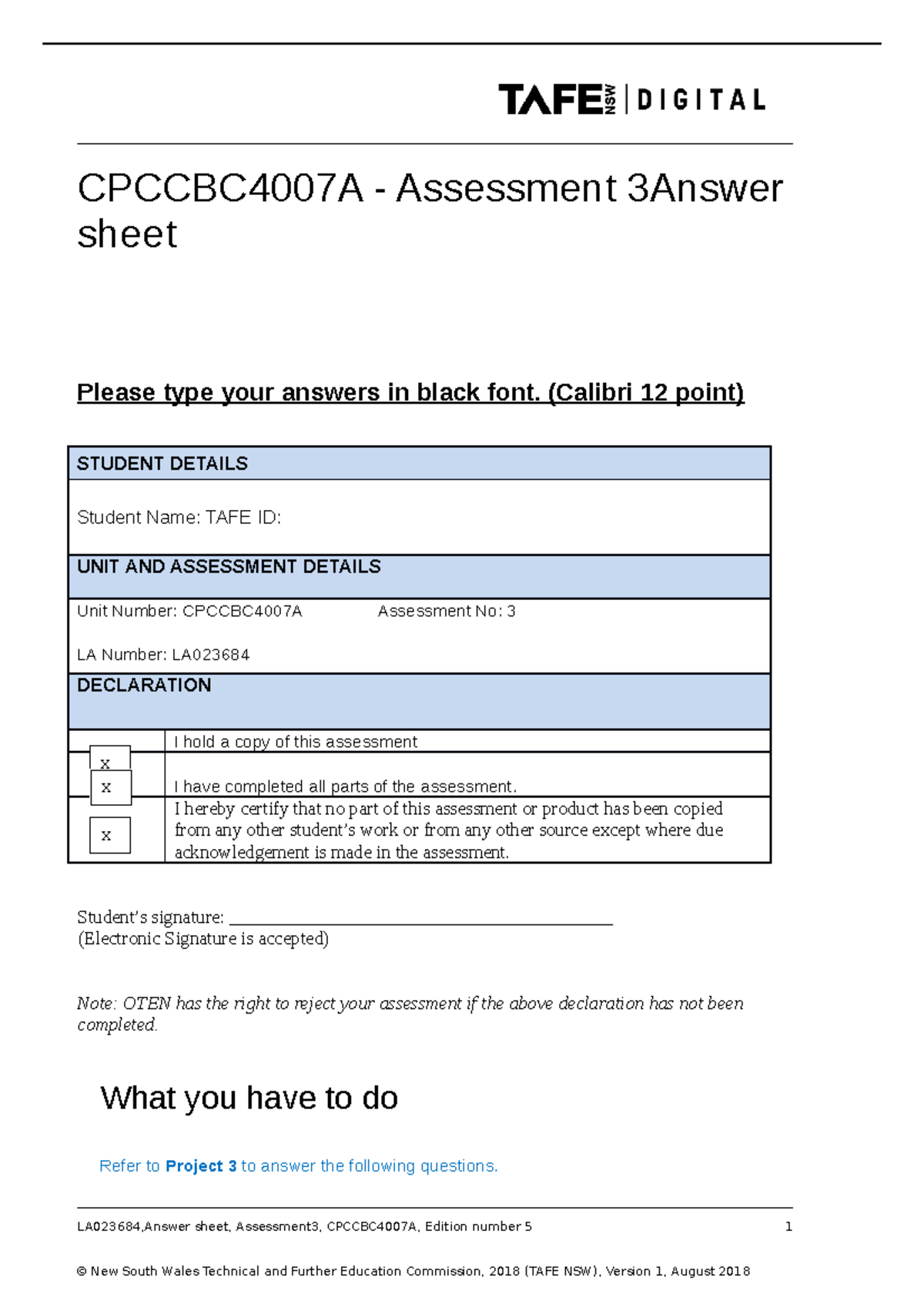Cpccbc 4007A Assessment 3Answer sheet - CPCCBC4007A - Assessment ...