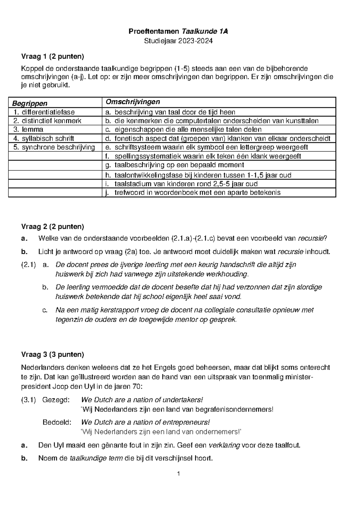 2324 Proeftoets Taalkunde 1A - Proeftentamen Taalkunde 1A Studiejaar ...