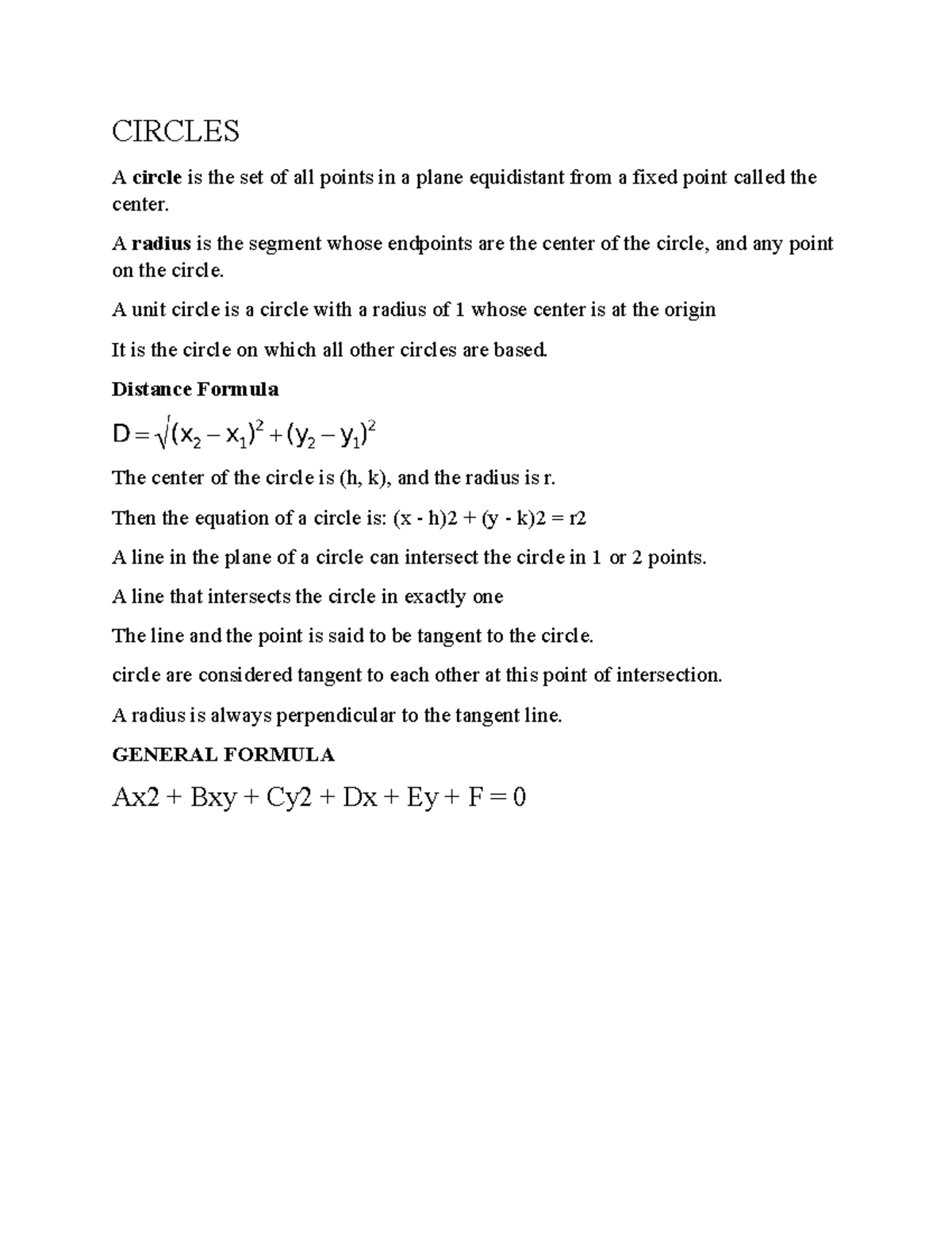 Pre Calculus - Lecture notes 1-4 - CIRCLES A circle is the set of all ...
