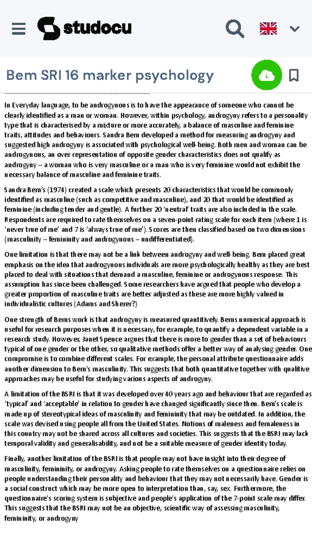 Bem SRI 16 marker psychology - “Discuss the Bem s… 3 - Bem SRI 16 ...