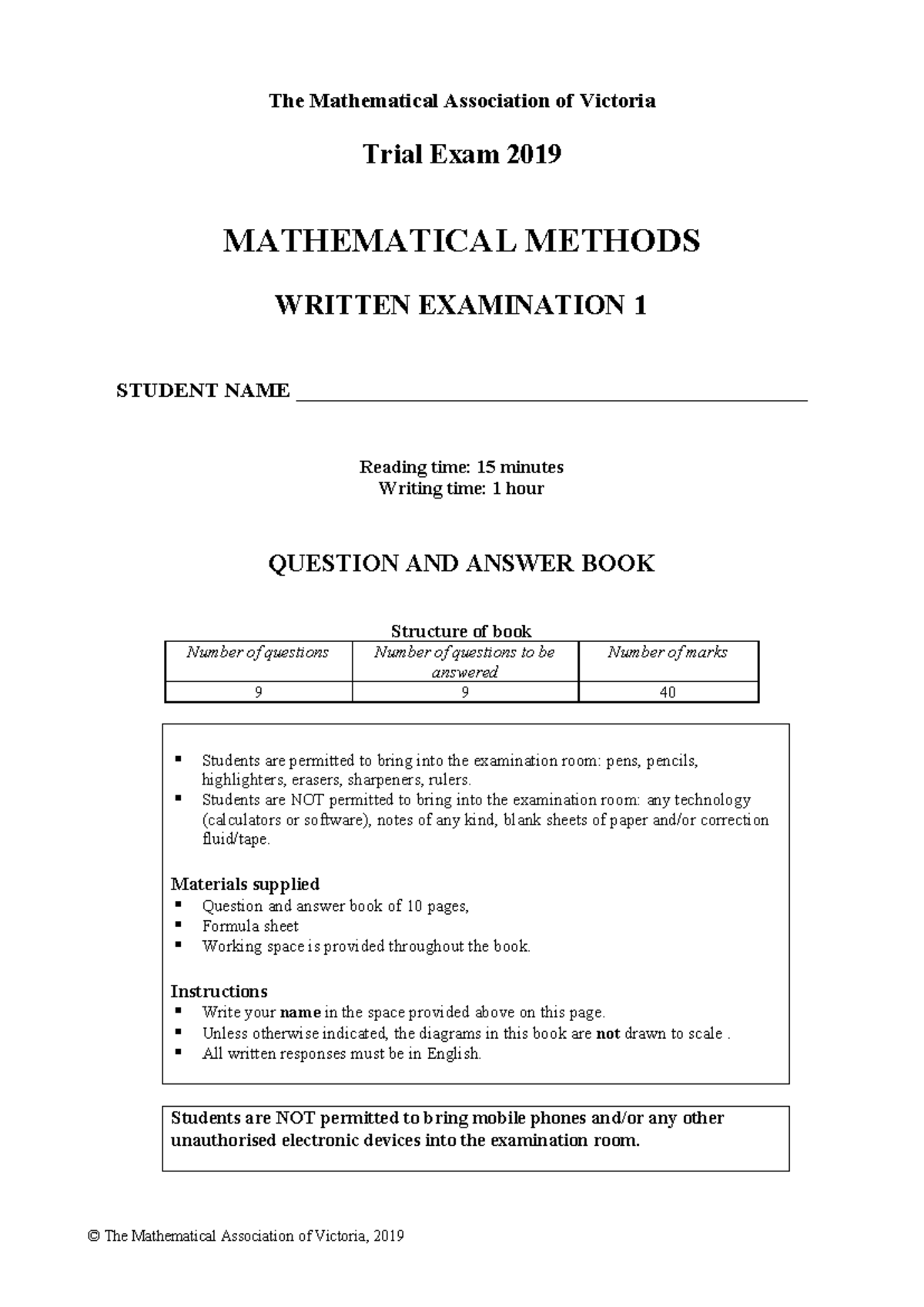 2019 mav exam 1 - MAV maths methods exam 1 2019 - The Mathematical ...