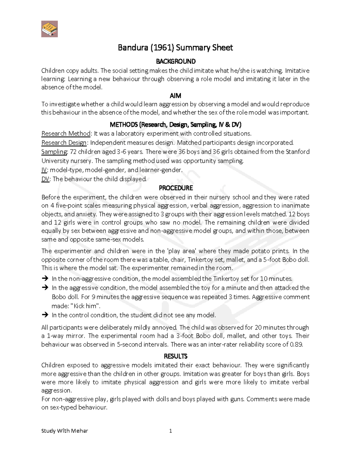 Bandura et al. (1961) Summary Sheet - Study With Mehar - Study With ...