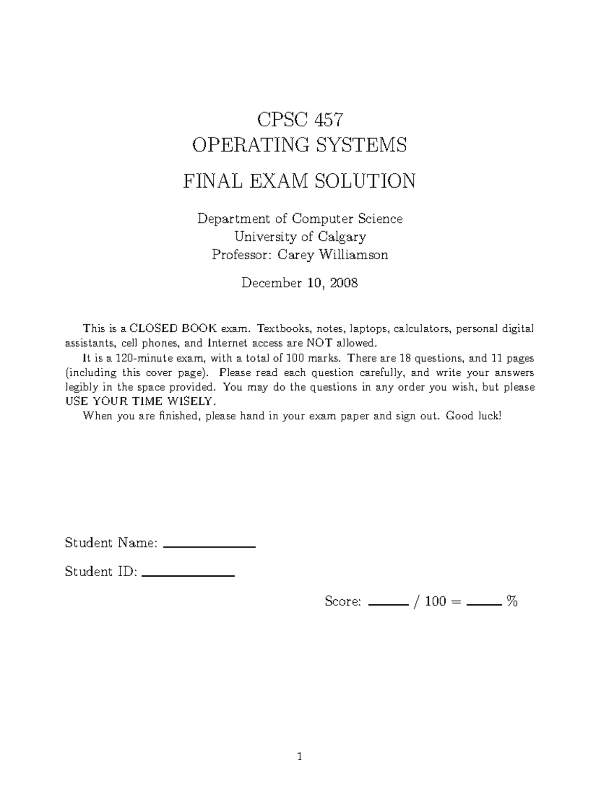 Finalsolution 2008 - Solutions - CPSC 457 OPERATING SYSTEMS FINAL EXAM SOLUTION Department of ...