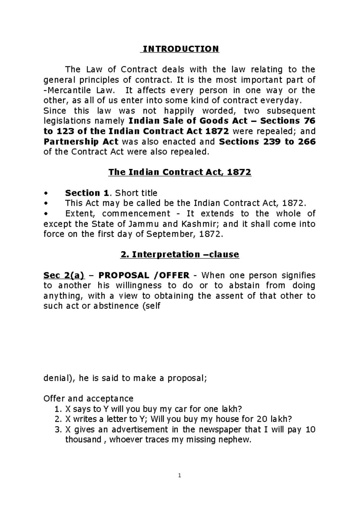 Sem V- Contract I Notes final - INTRODUCTION The Law of Contract deals ...
