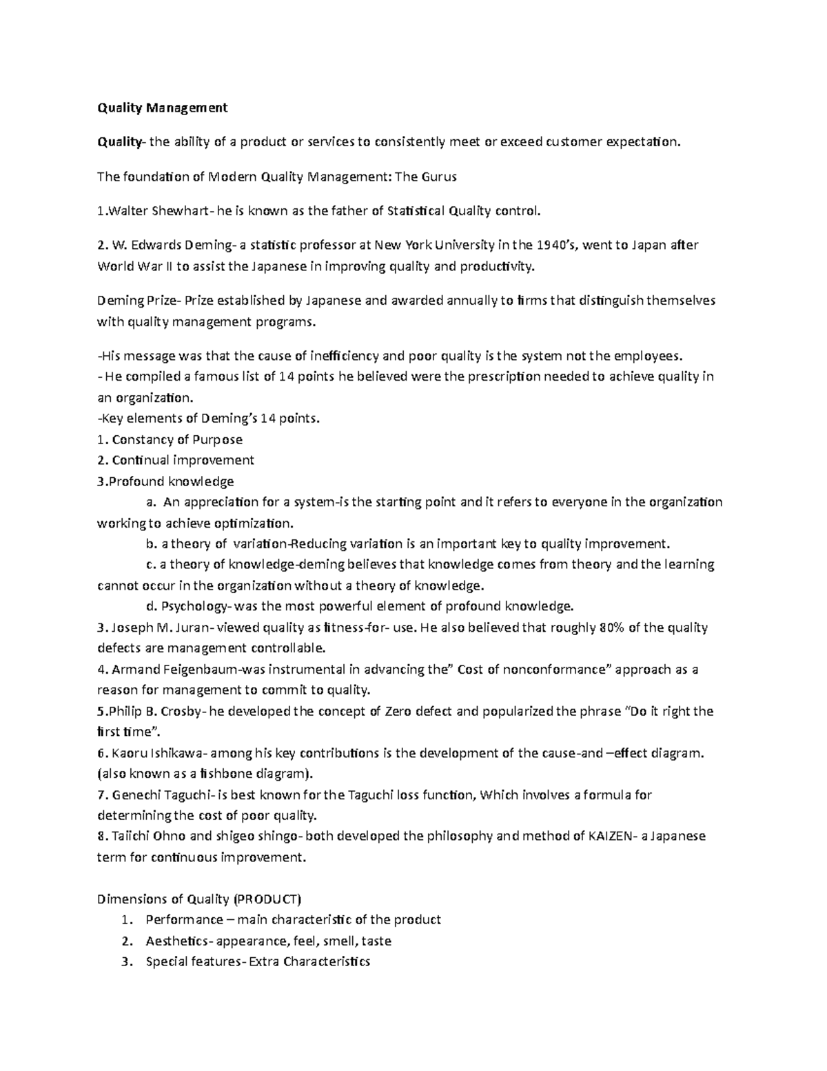 Quality Management-Notes - Quality Management Quality- the ability of a ...