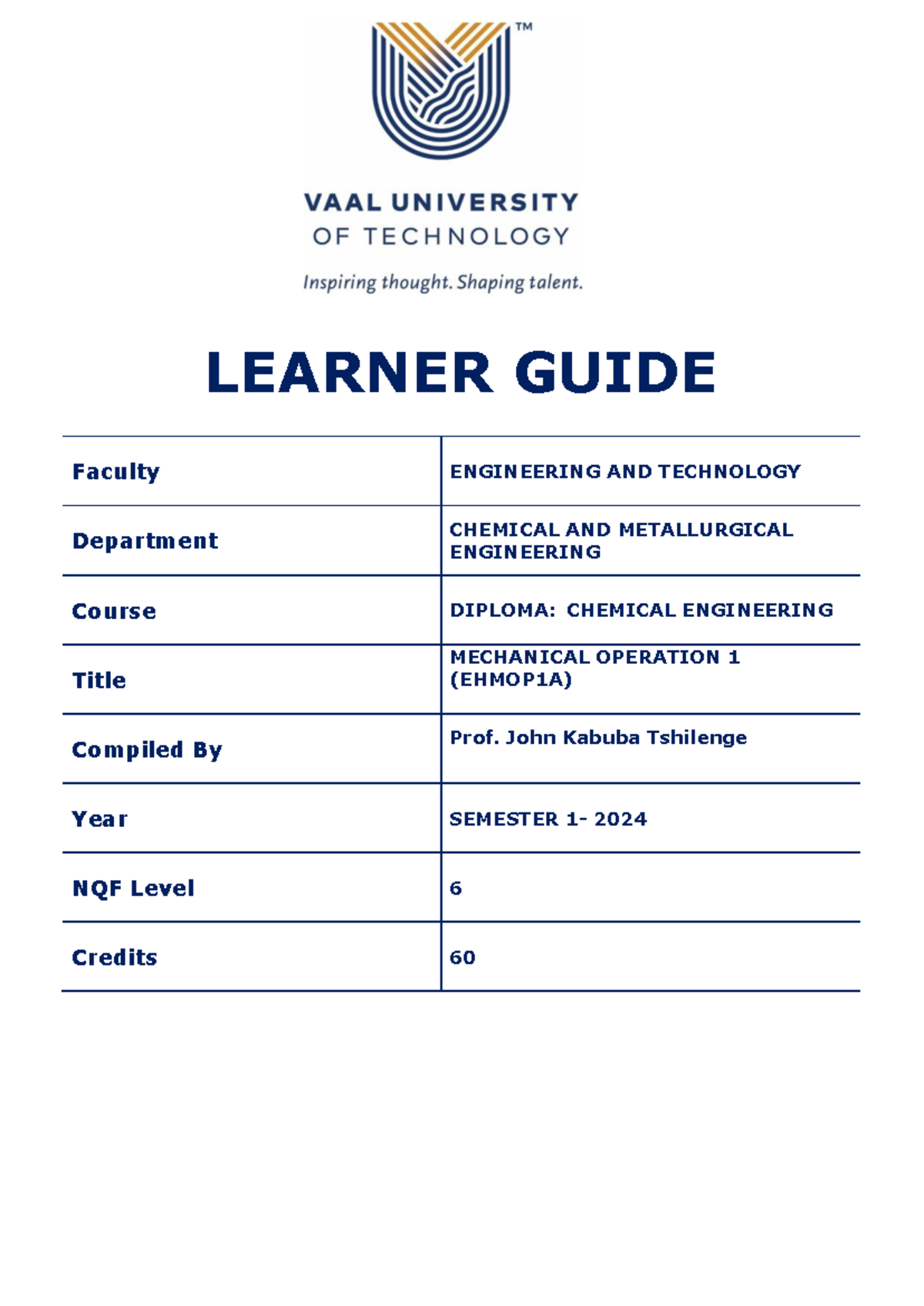 Learner Guide-1 240220 153747 - LEARNER GUIDE Faculty ENGINEERING AND ...