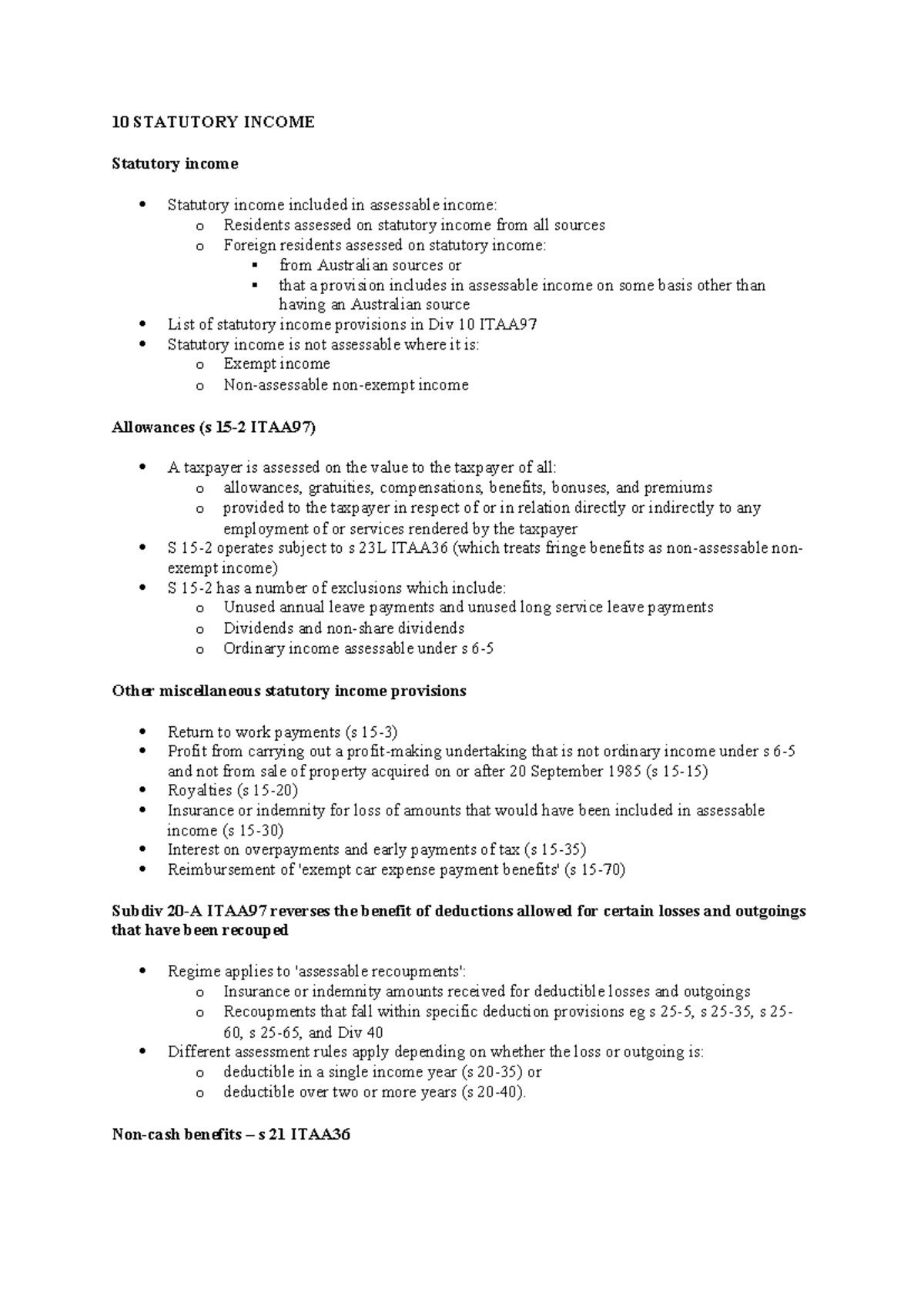 Week 6 notes - 10 STATUTORY INCOME Statutory income Statutory income ...