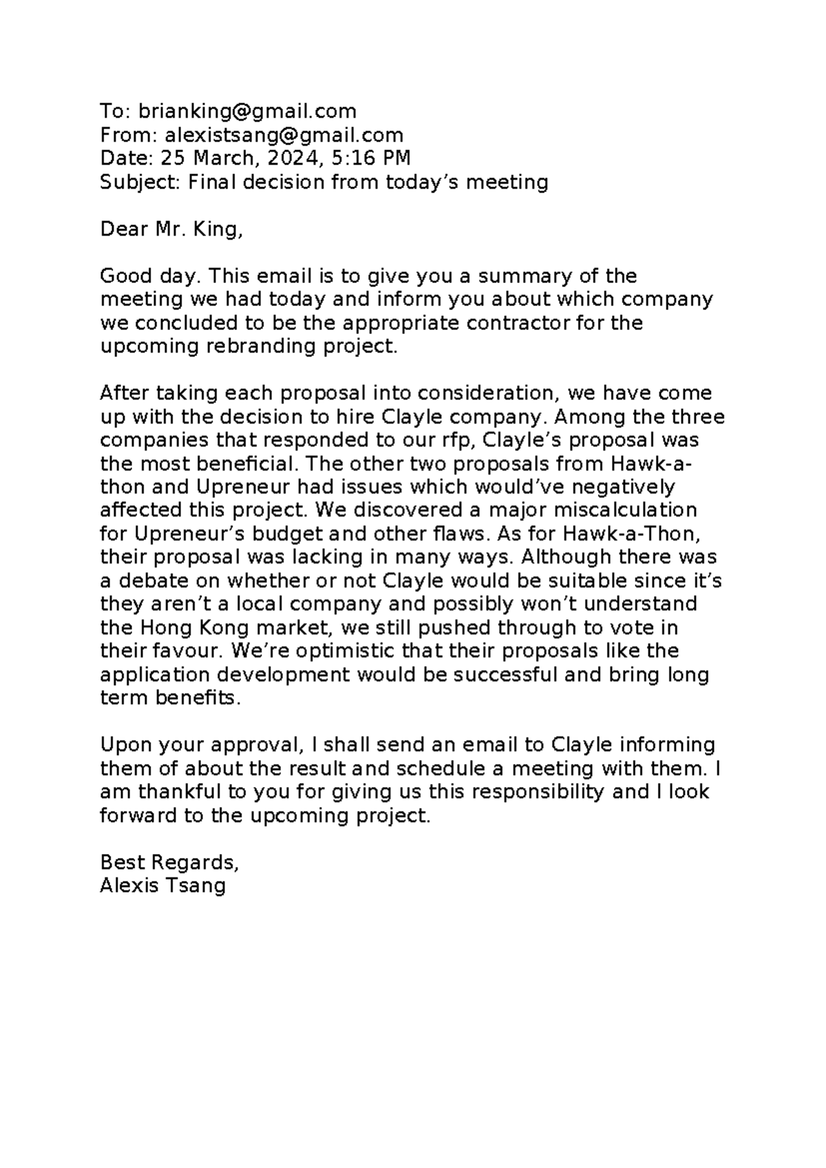 One sample assignment for GE2402 Email writing assignment to company ...