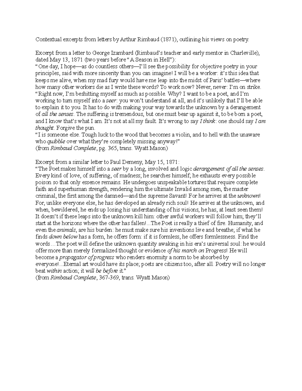 Rimbaud letter excerpts - Contextual excerpts from letters by Arthur ...
