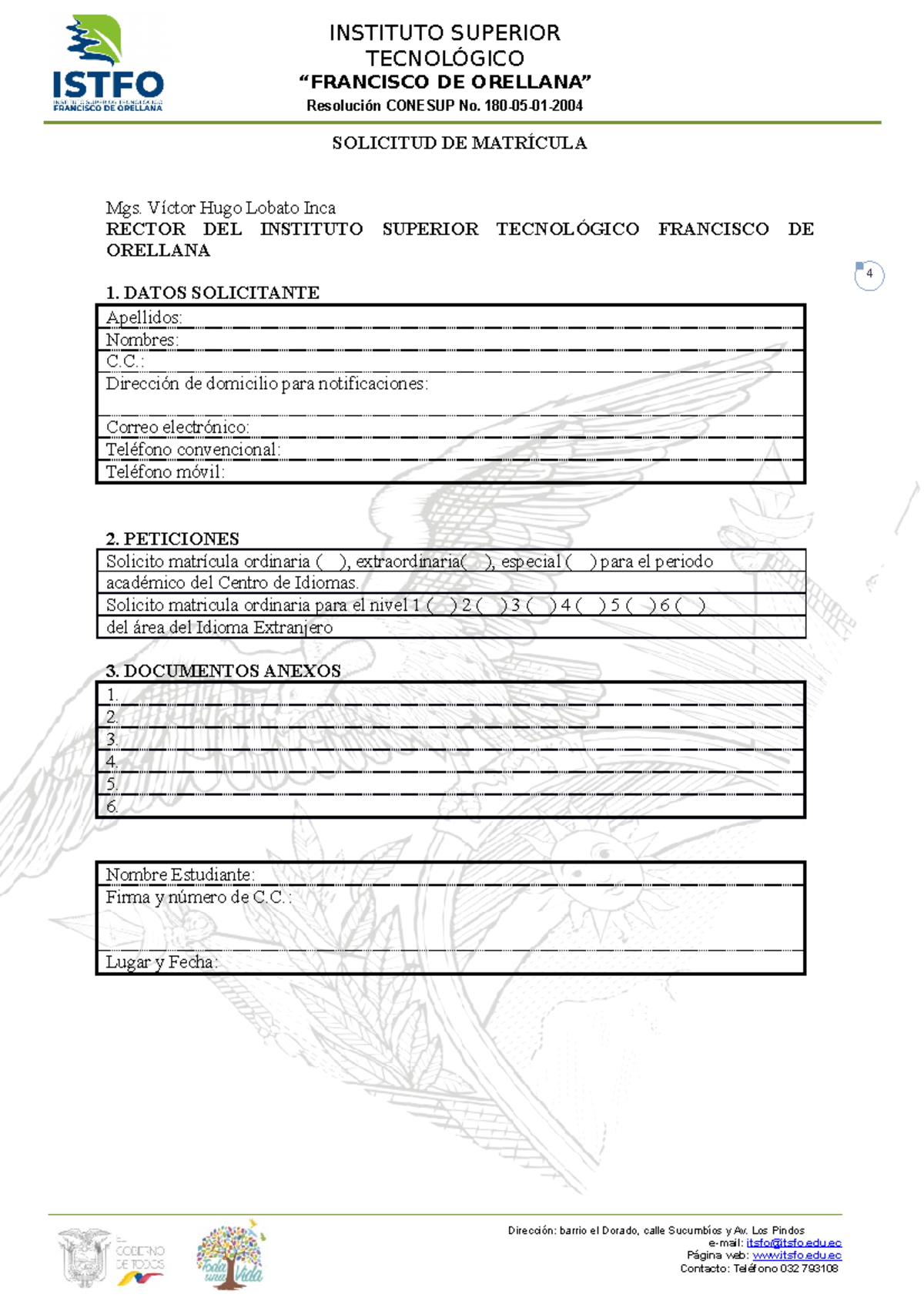 Solicitud DE Matricula Ingles - 4 SOLICITUD DE MATRÍCULA Mgs. Víctor ...