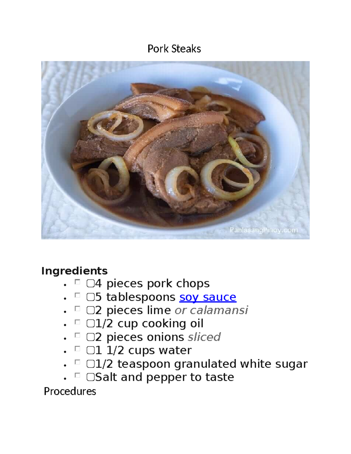 Pork Steaks - RECIPE - Education - Pork Steaks Ingredients 4 pieces ...