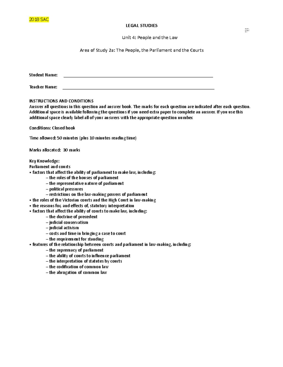 Legal Studies - U402A SAC - LEGAL STUDIES Unit 4: People and the Law ...