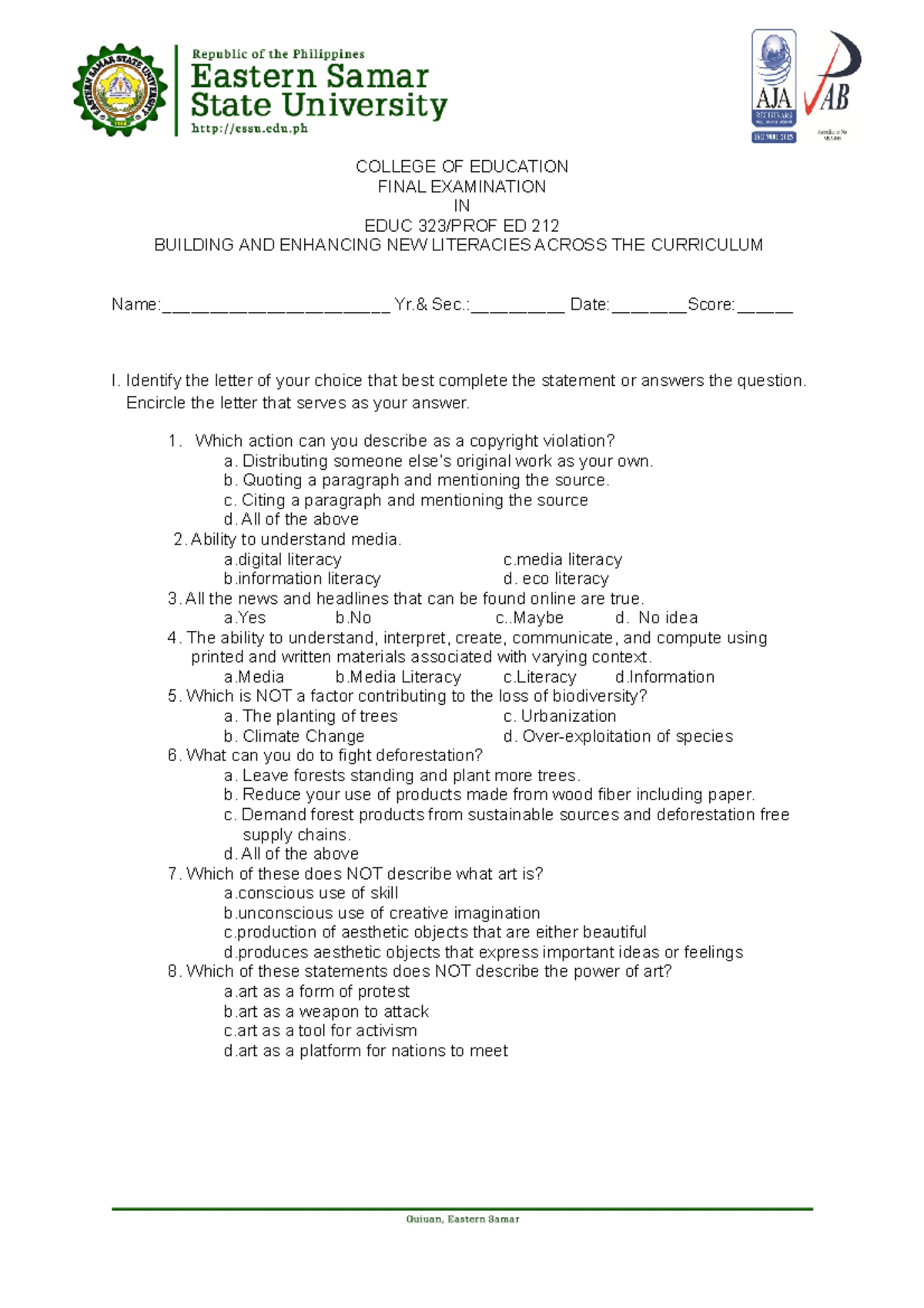 Final TERM Examination Building - COLLEGE OF EDUCATION FINAL ...