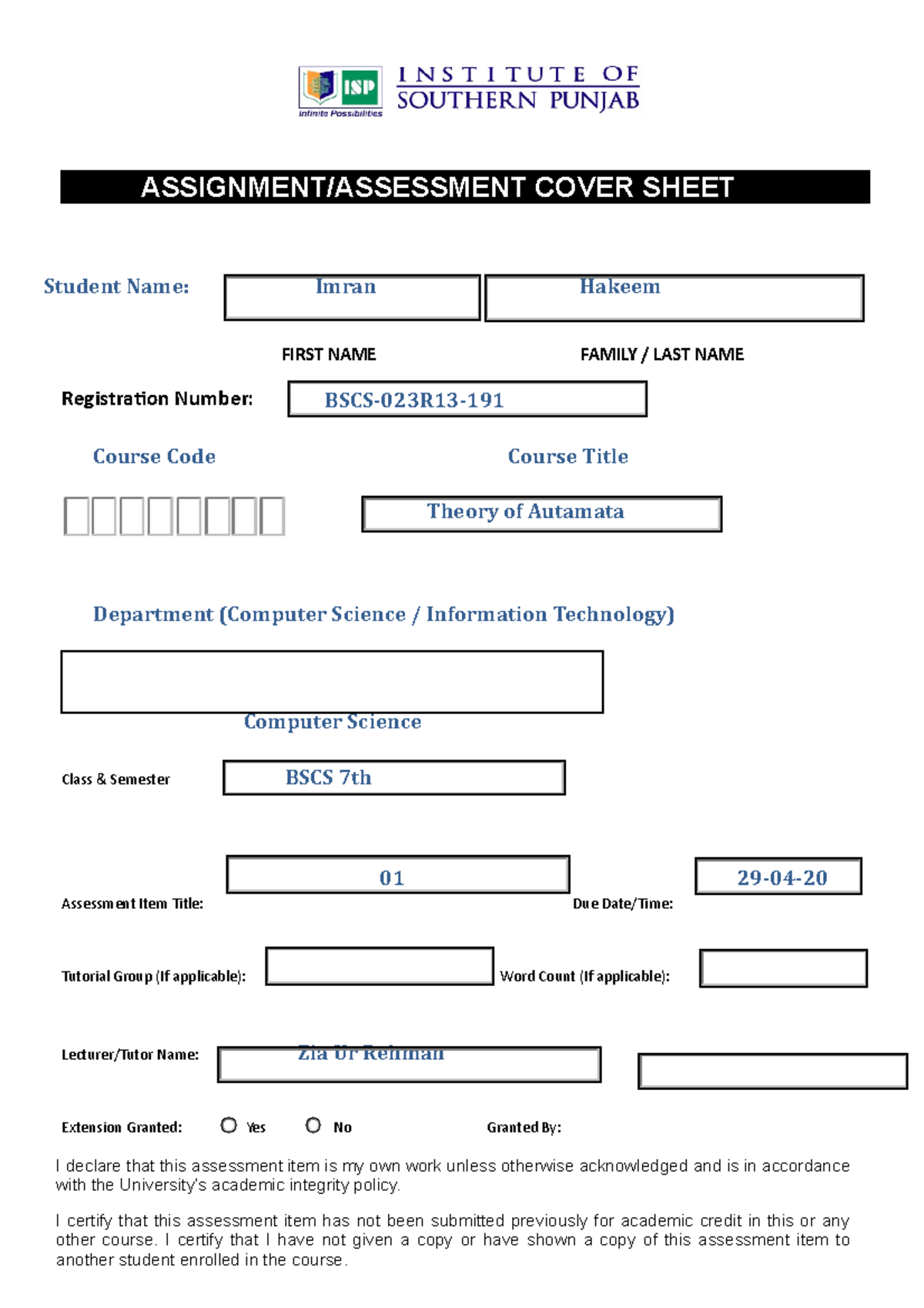 Theory of Autamata 1 - paper - ASSIGNMENT/ASSESSMENT COVER SHEET ...