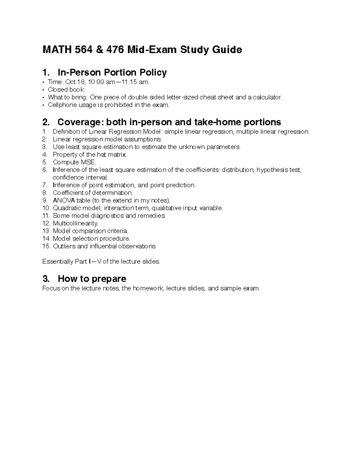 Review Mid Exam - MATH 564 & 476 Mid-Exam Study Guide 1. In-Person ...