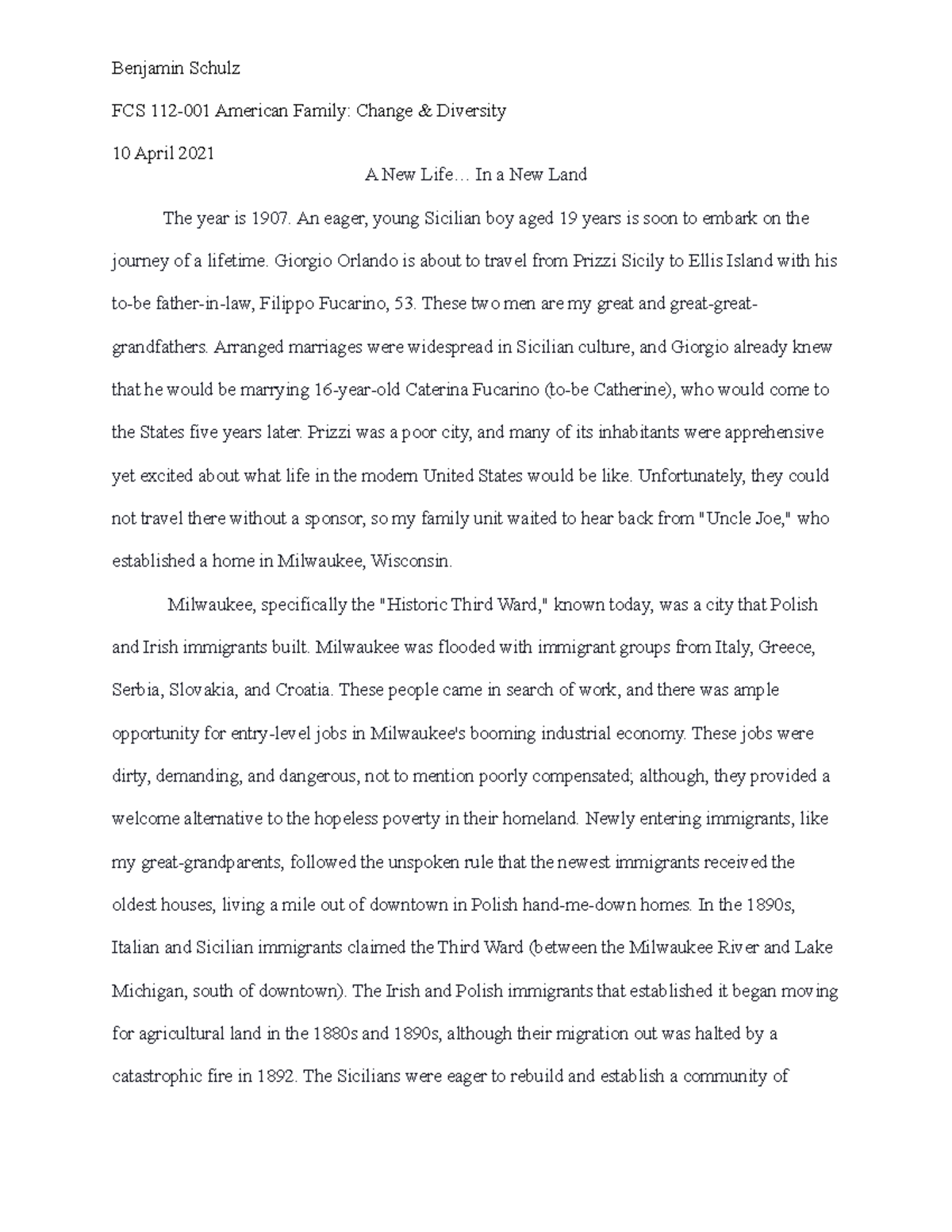 Family History Paper - Grade: A - Benjamin Schulz FCS 112-001 American ...