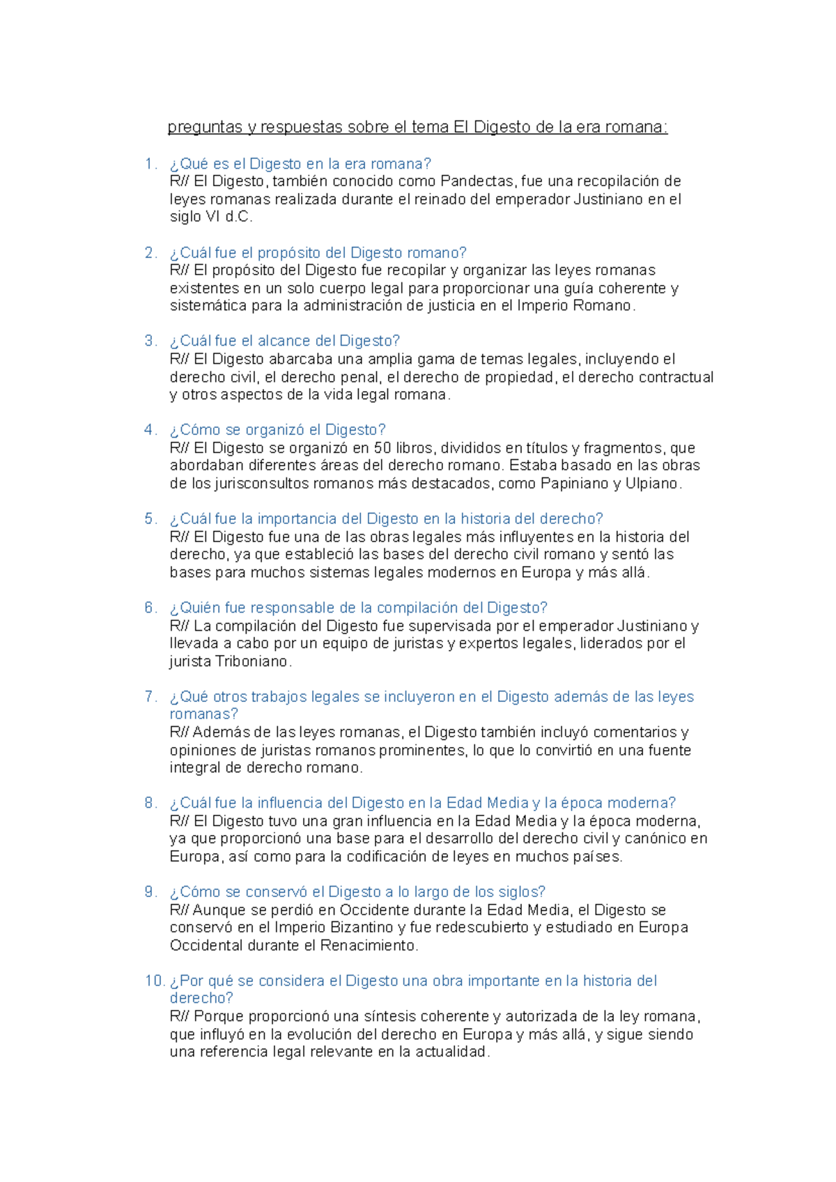 Cuestionario EL Digesto - preguntas y respuestas sobre el tema El ...