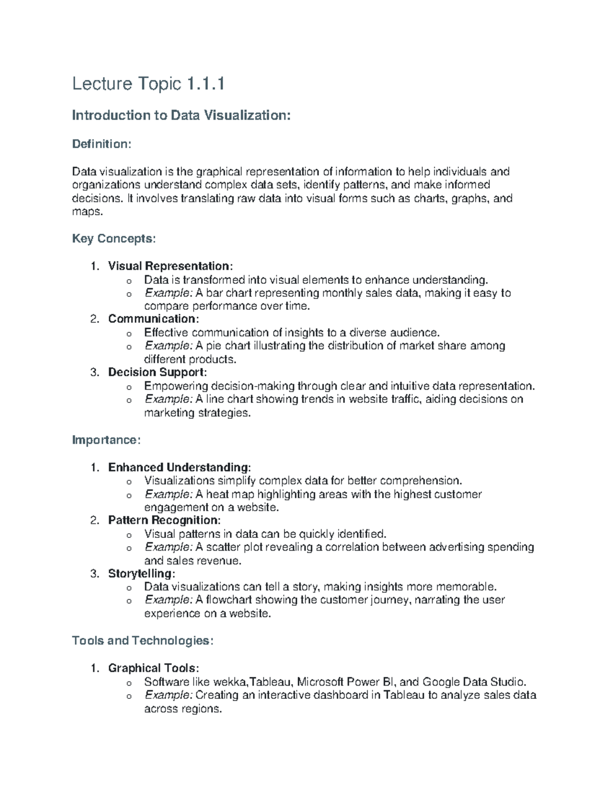 Complete unit-1 - Unit 1 - Lecture Topic 1. Introduction to Data Visualization: Definition: Data ...