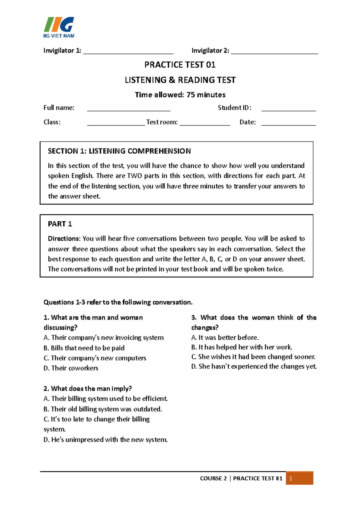 C2 Midterm Practice Test 01 - Invigilator 1 ...