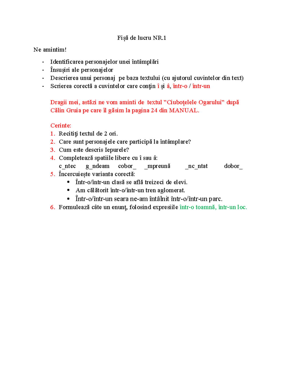 Fisa 1 materials final semestru studenti - Fișă de lucru NR. Ne amintim ...