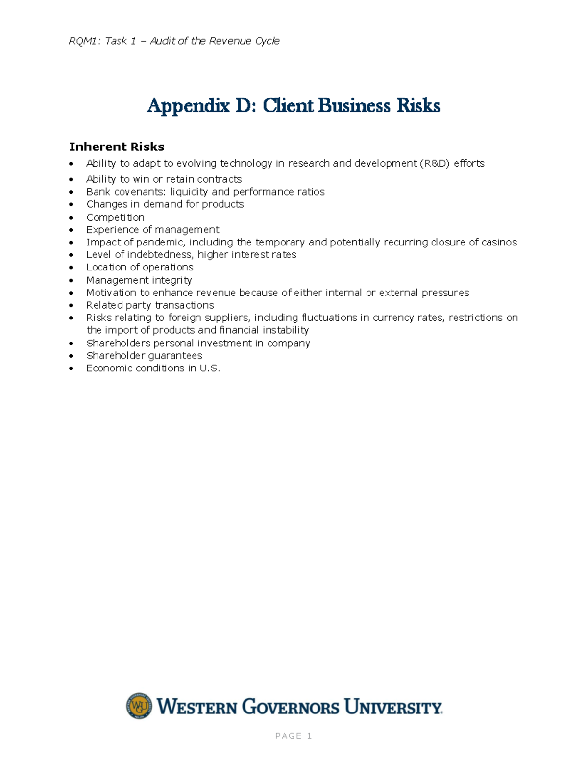 Appendix D Client Business Risks - RQM1: Task 1 – Audit of the Revenue ...