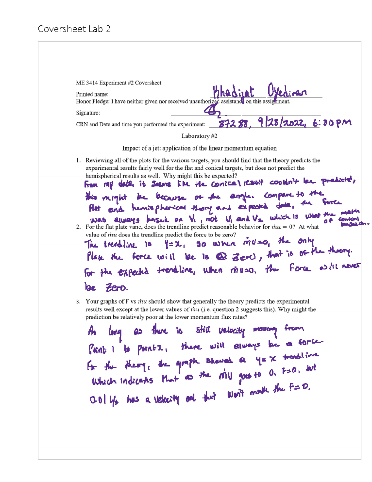 Fluids Lab 2 - Lab materials - Coversheet Lab Flat Vane’s Graph Conical ...