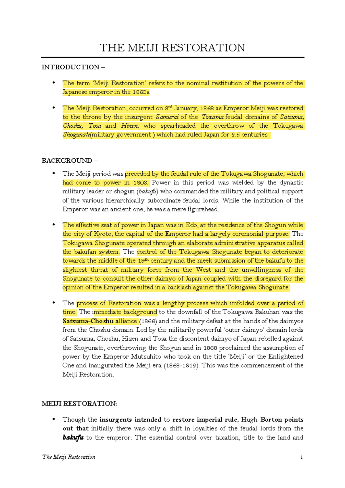Meiji Restoration - THE MEIJI RESTORATION INTRODUCTION – The term ‘Meiji Restoration’ refers to ...