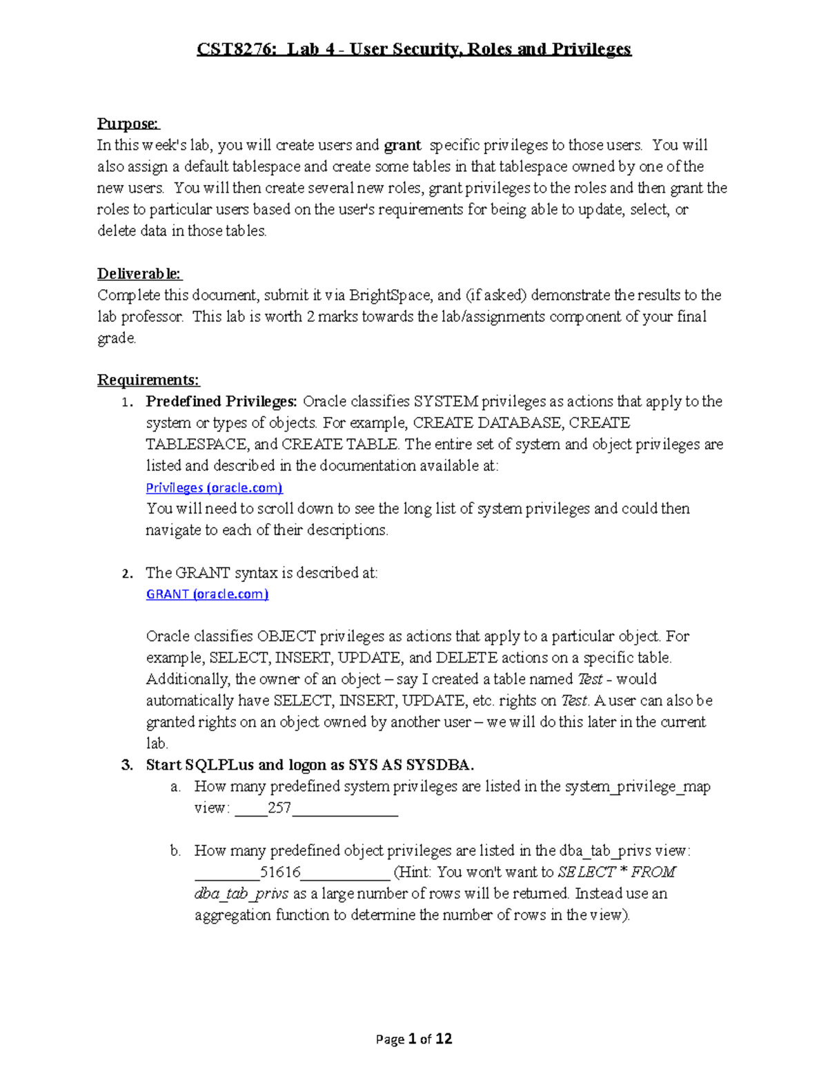 CST8276 Lab 4 - User Security Roles and Privileges - Purpose: In this ...