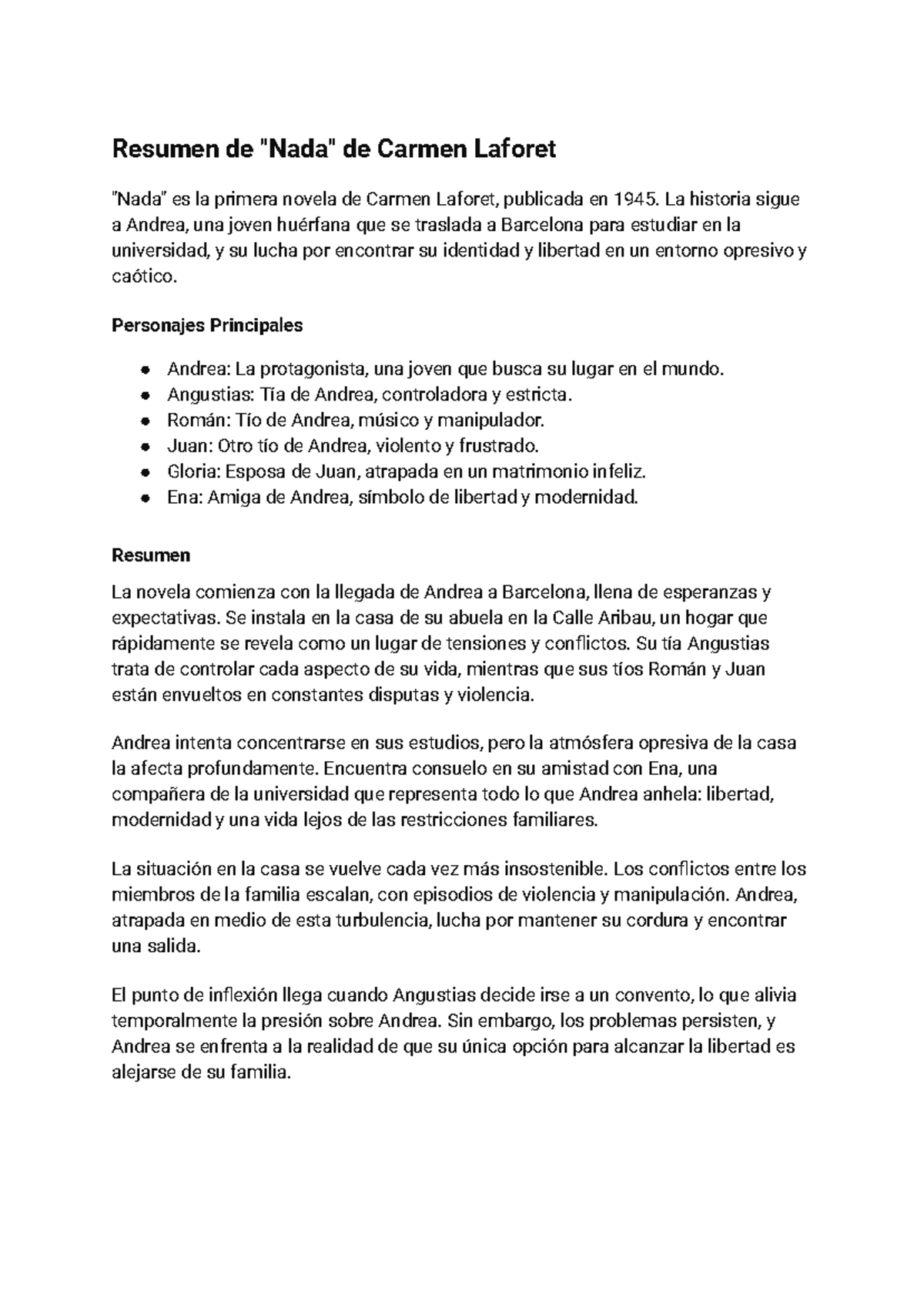 Resumen de Nada de Carmen Laforet - Resumen de "Nada" de Carmen Laforet "Nada" - Studocu