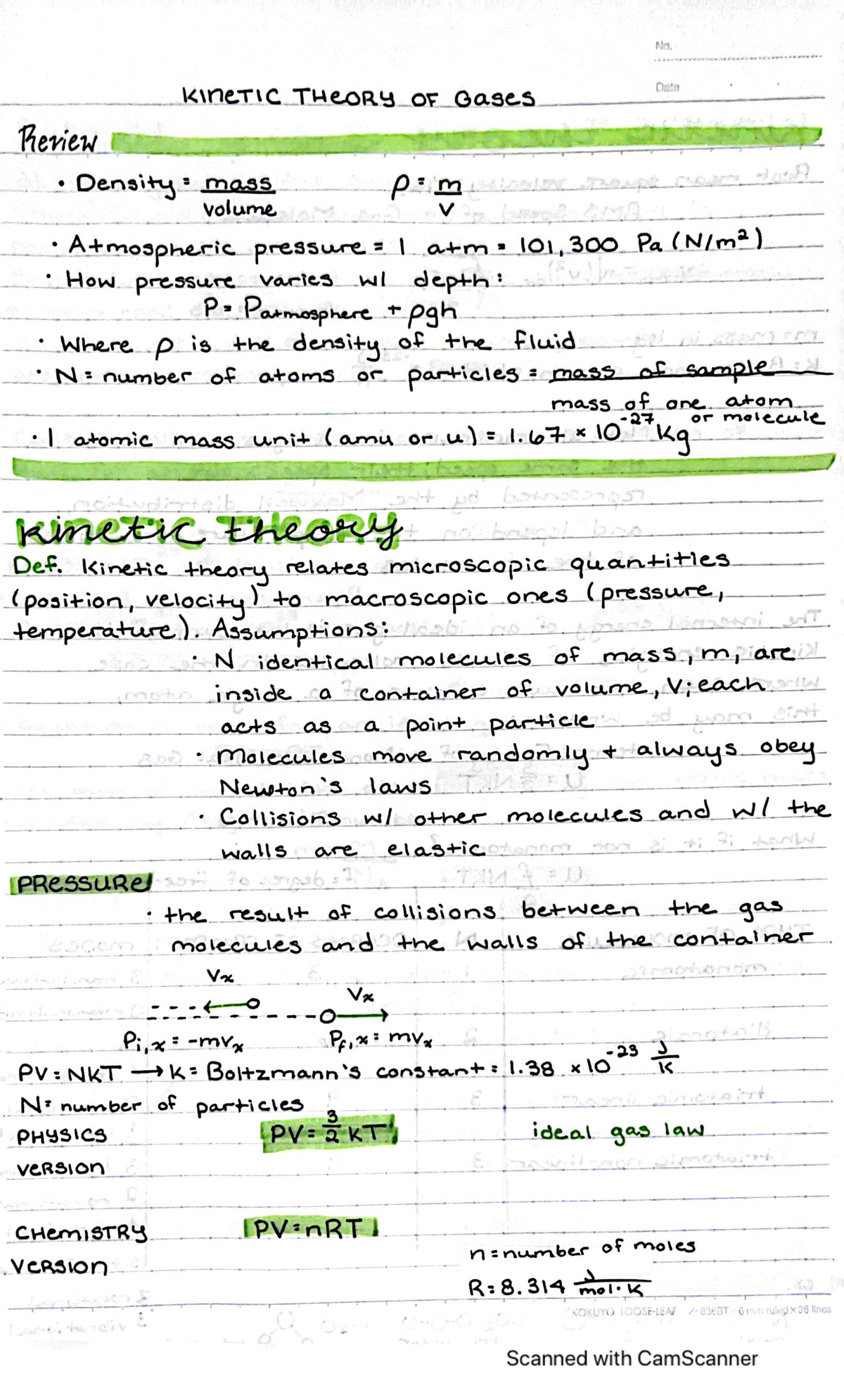 Kinetic theory notes - _KineTiC THeory of Gases Review. s Density Mass ...