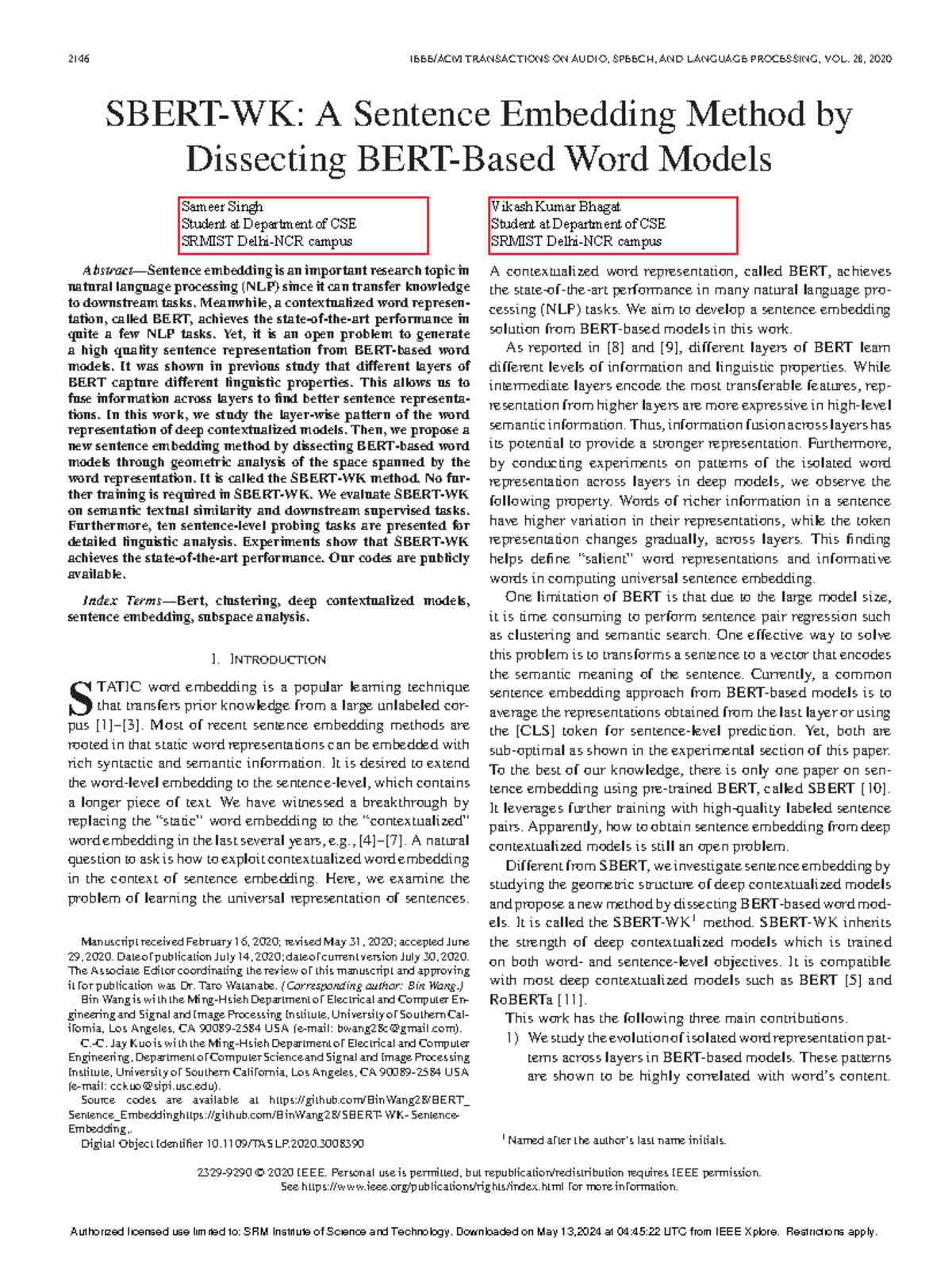 Sbert-WK A Sentence Embedding Method by Dissecting BERT-Based Word ...