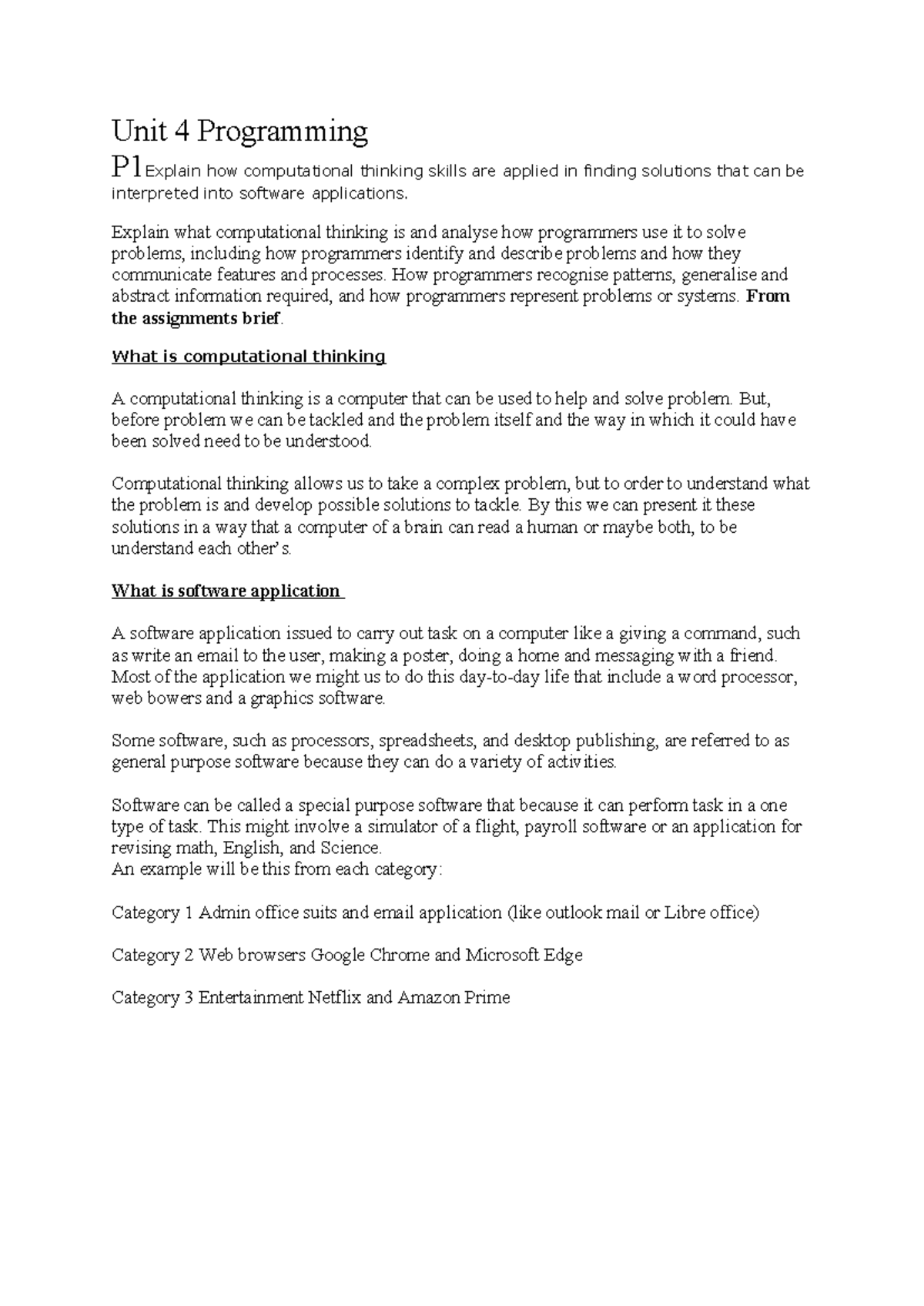 Unit 4 Programming - vaer - Unit 4 Programming P1Explain how computational thinking skills are ...