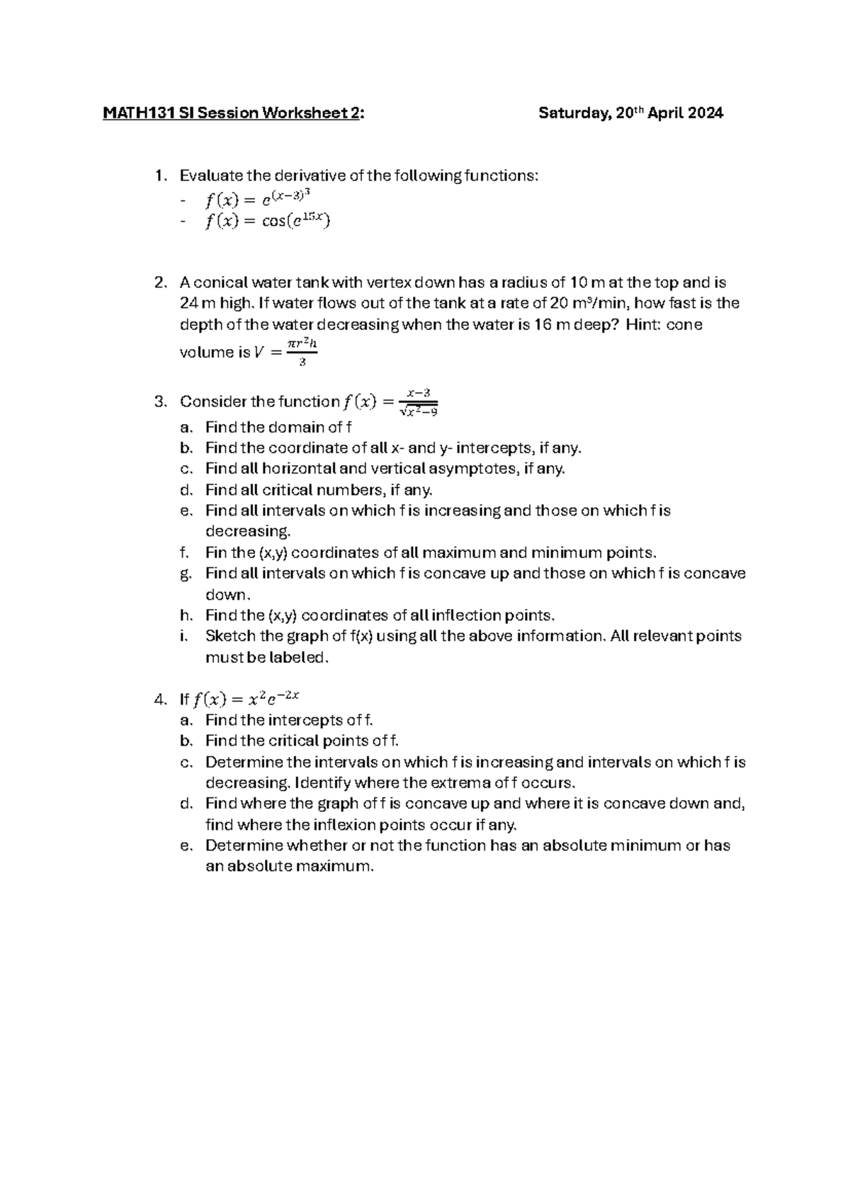 MATH131 SI Session Worksheet 2 (JB) - Evaluate the derivative of the ...