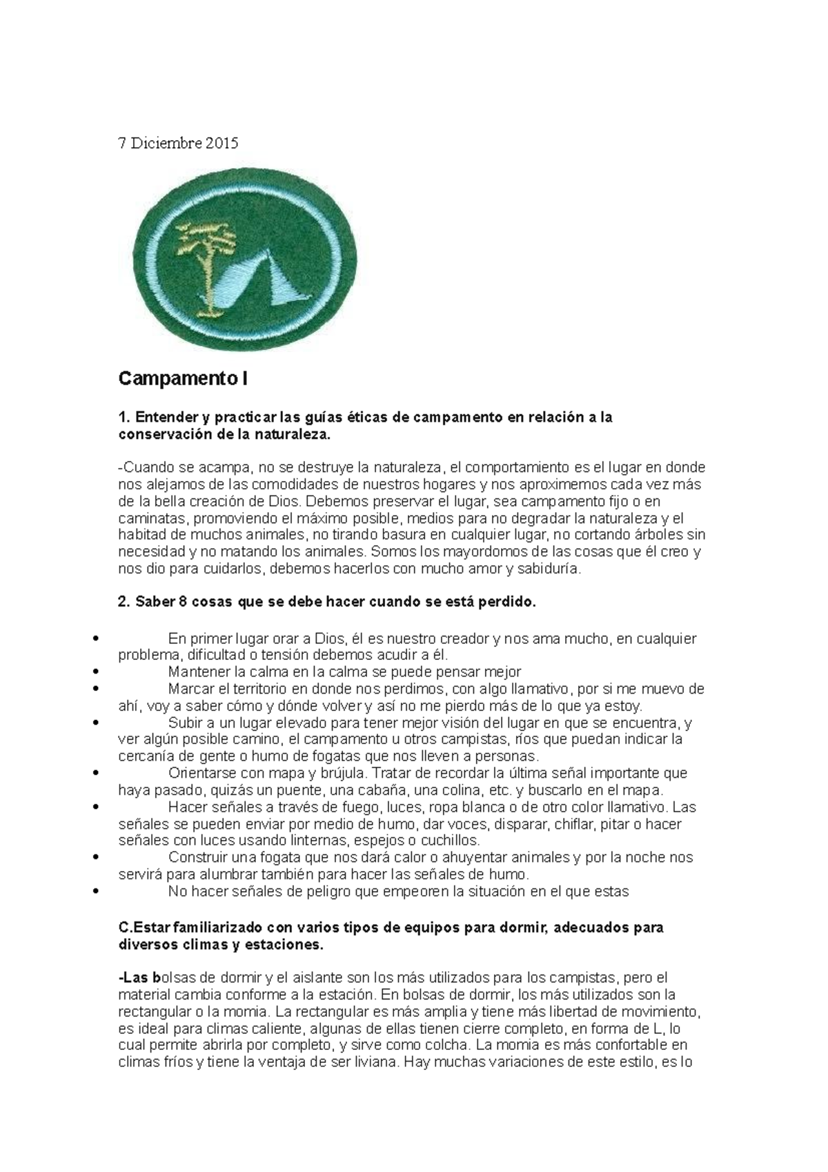 Campamento Del 1 Al 4 - Conquistadores - Campamento I 7 Diciembre 2015 Campamento I Entender y ...