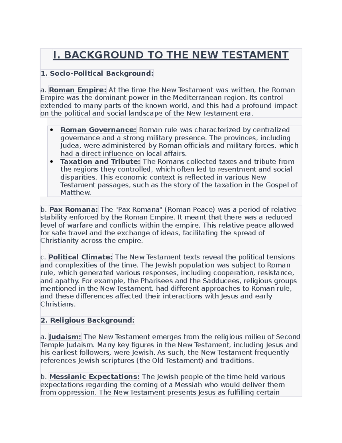 NT introduction - I. BACKGROUND TO THE NEW TESTAMENT Socio-Political ...