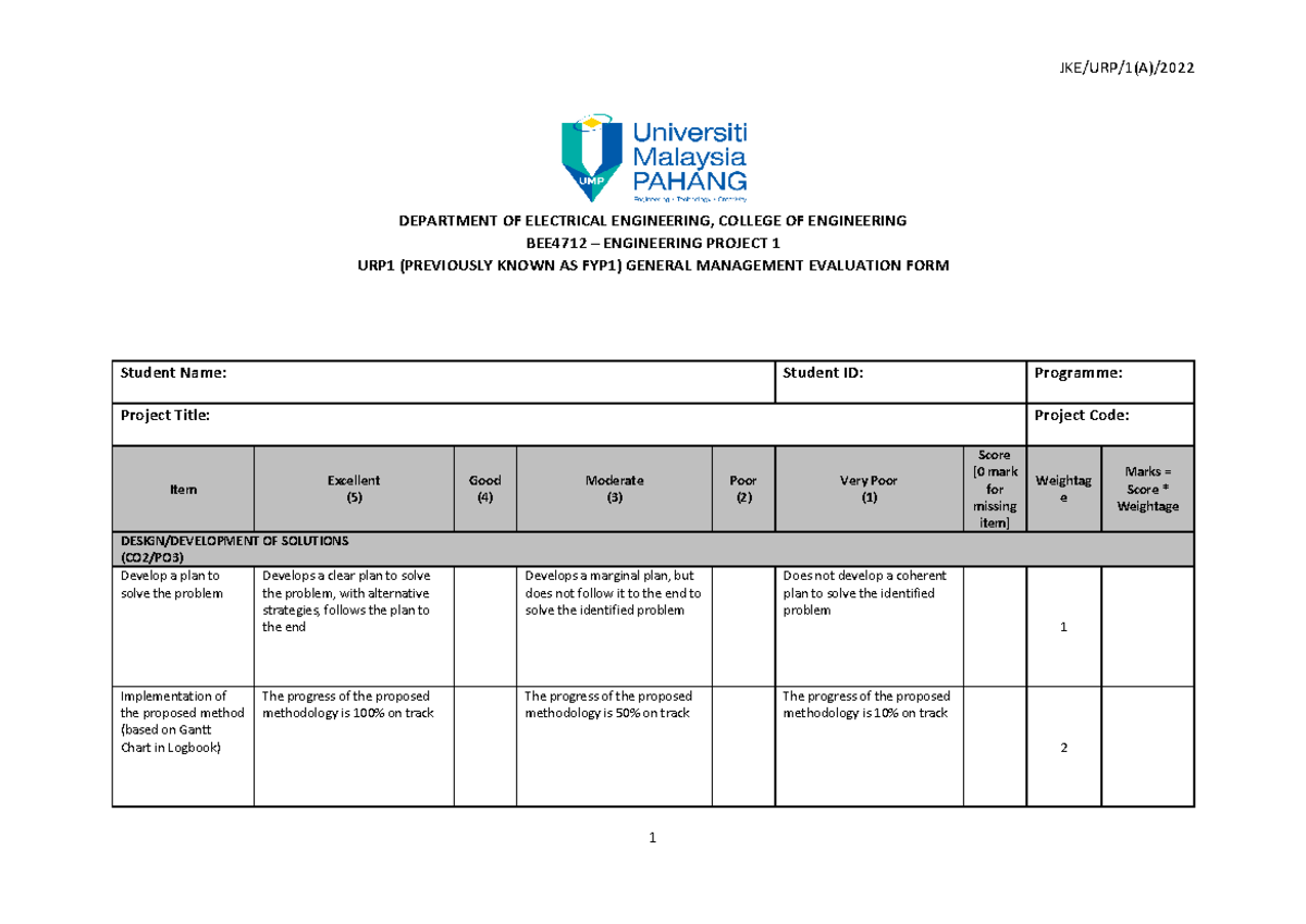 1.1 FYP1 General Management Evaluation Form 2022 - JKE/URP/1(A)/ 1 ...