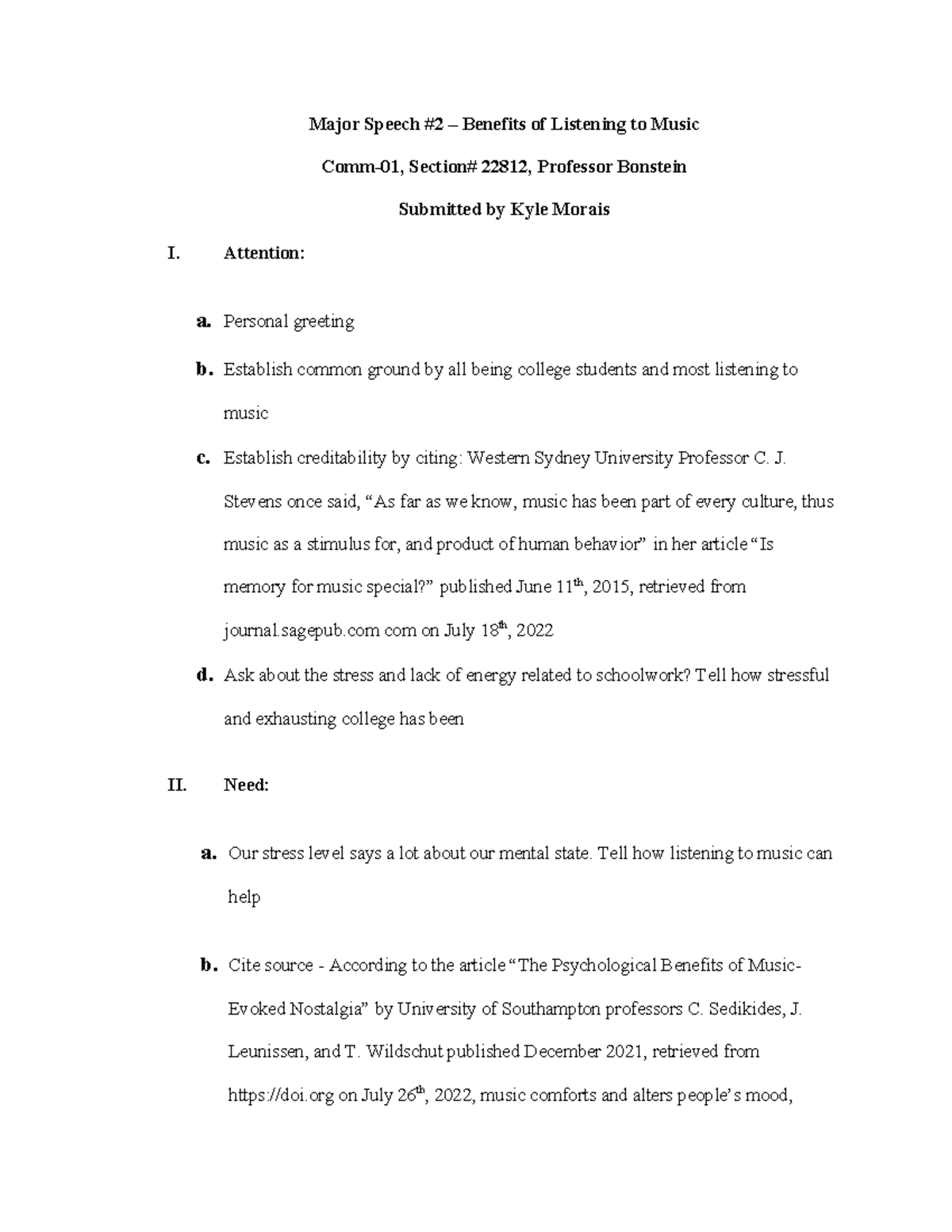 Major Speech #2 Outline - Major Speech #2 – Benefits of Listening to ...