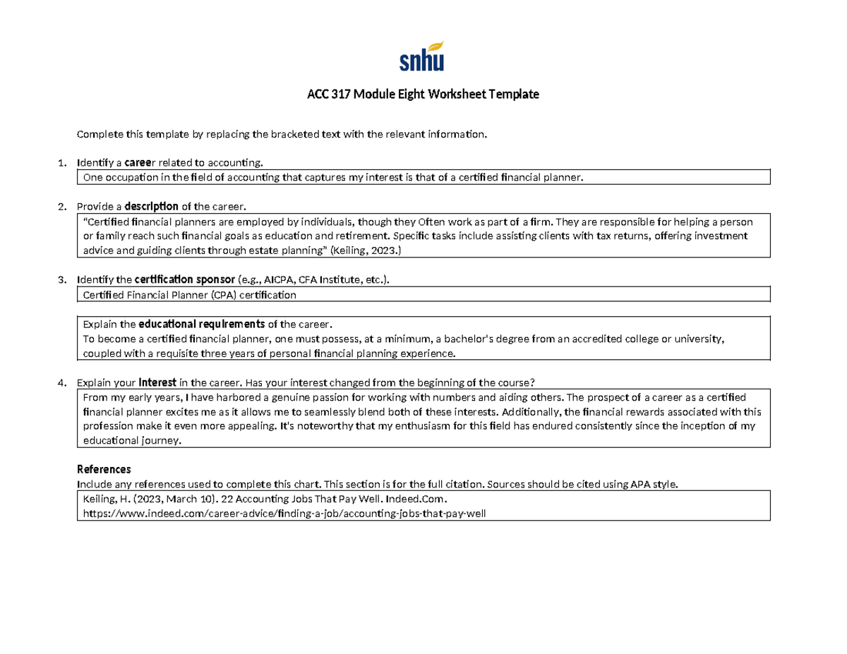 ACC 317 Module Eight Worksheet - Identify a career related to ...