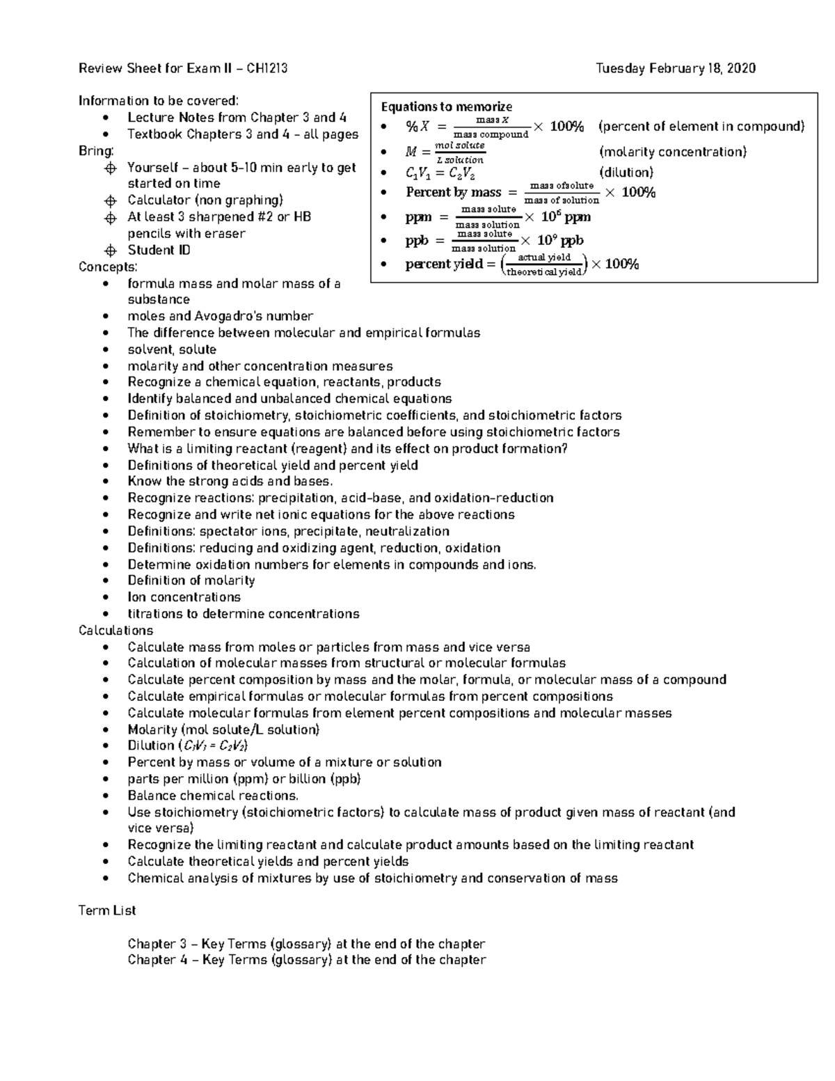 Chem 1 study guide - Review Sheet for Exam II – CH1213 Tuesday February ...