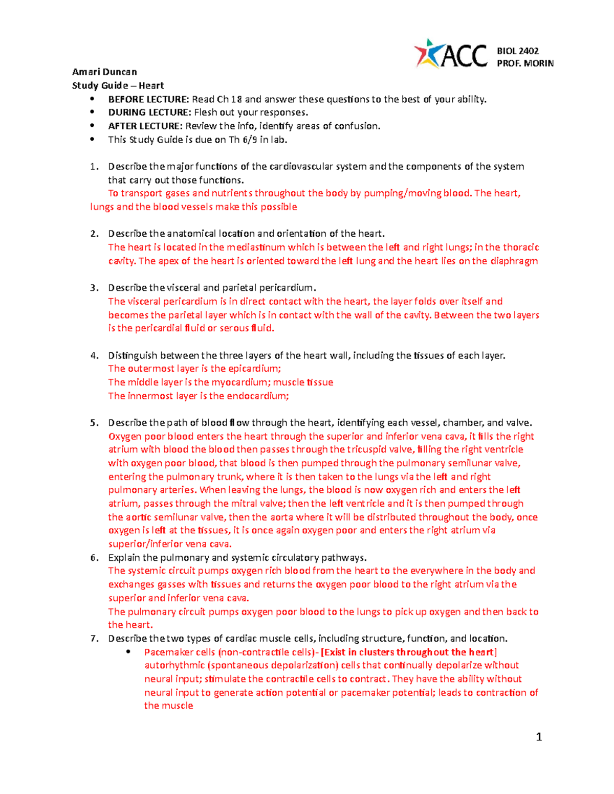 BIOL 2402 Study Guide Ch 18 Heart - PROF. MORIN Amari Duncan Study ...