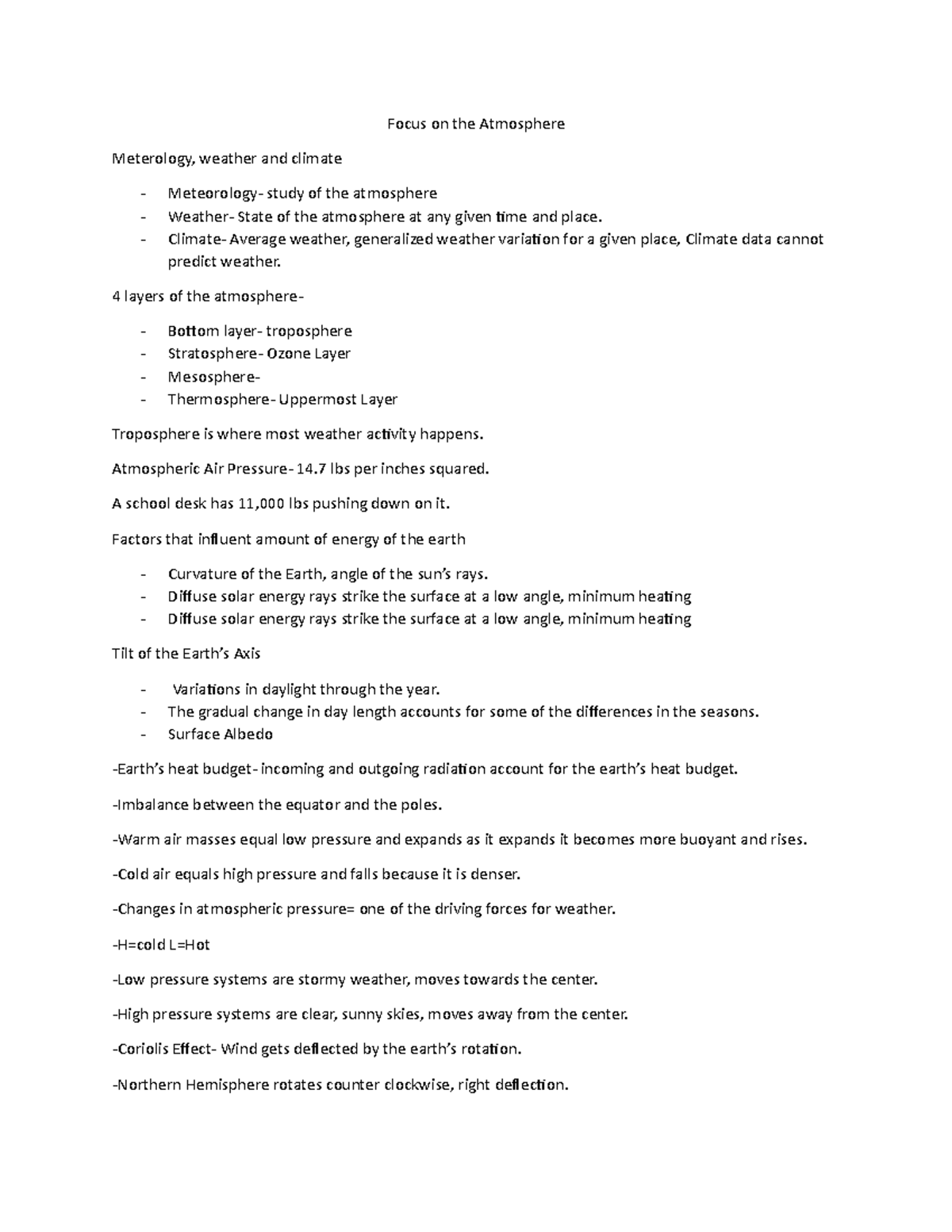 Focus on the Atmosphere science notes - Focus on the Atmosphere ...