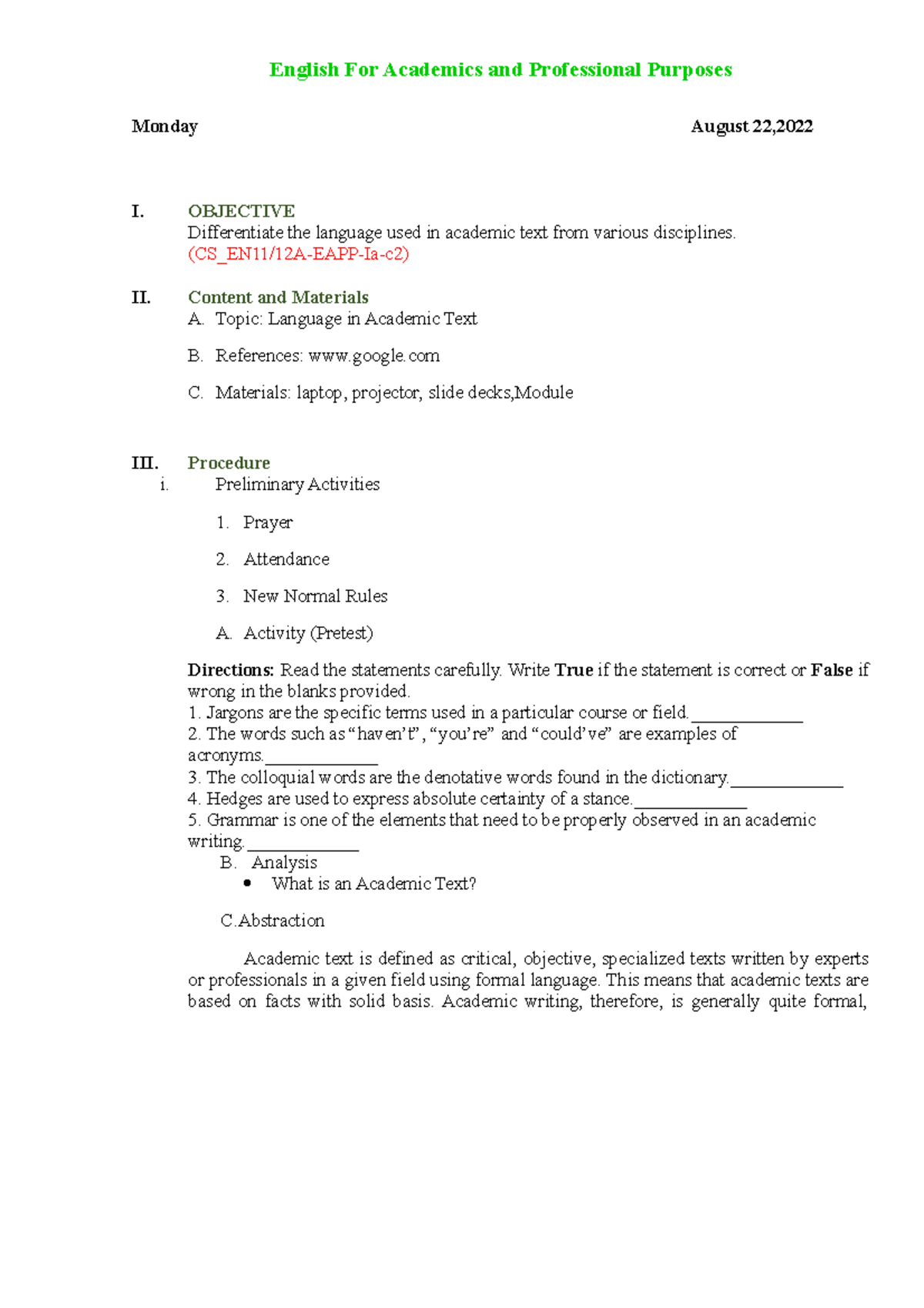 EAPP LP August 22,2022 - LP - in EAPP - English For Academics and ...