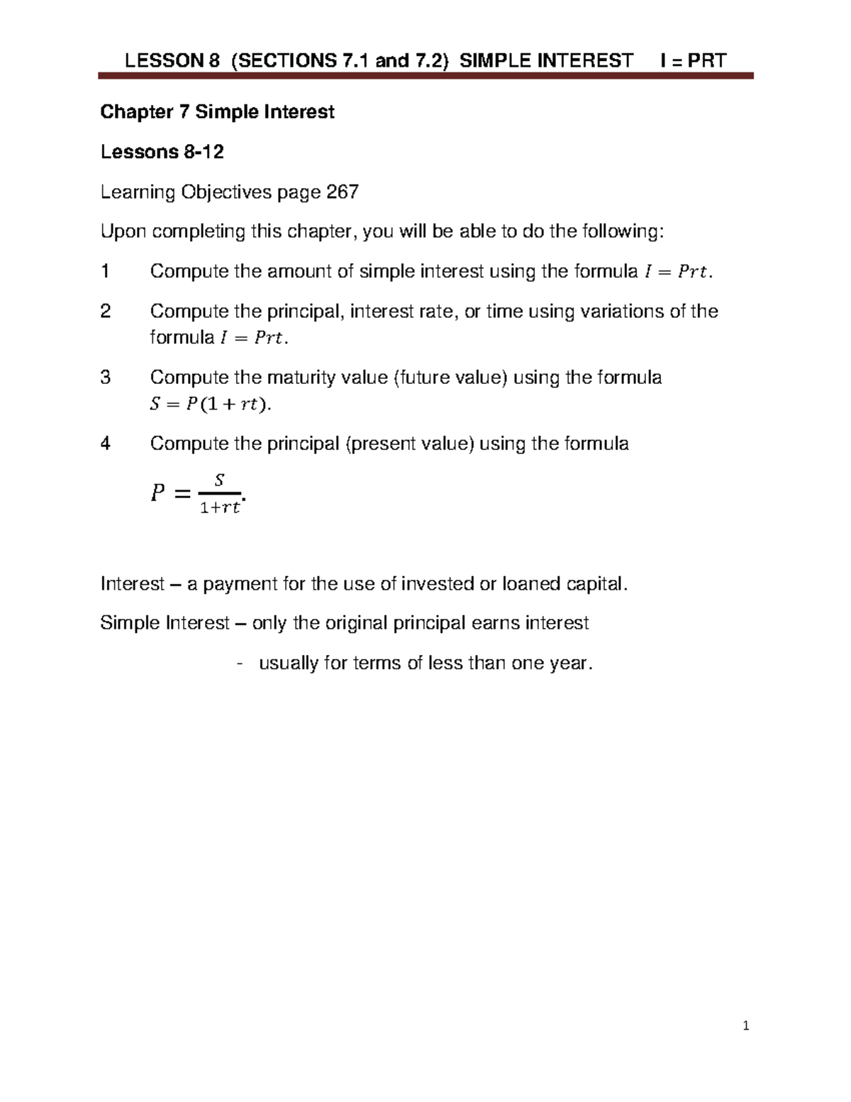 Lesson 8 7.1, 7.2 Simple Interest I=PRT winter 2021 - Chapter 7 Simple ...