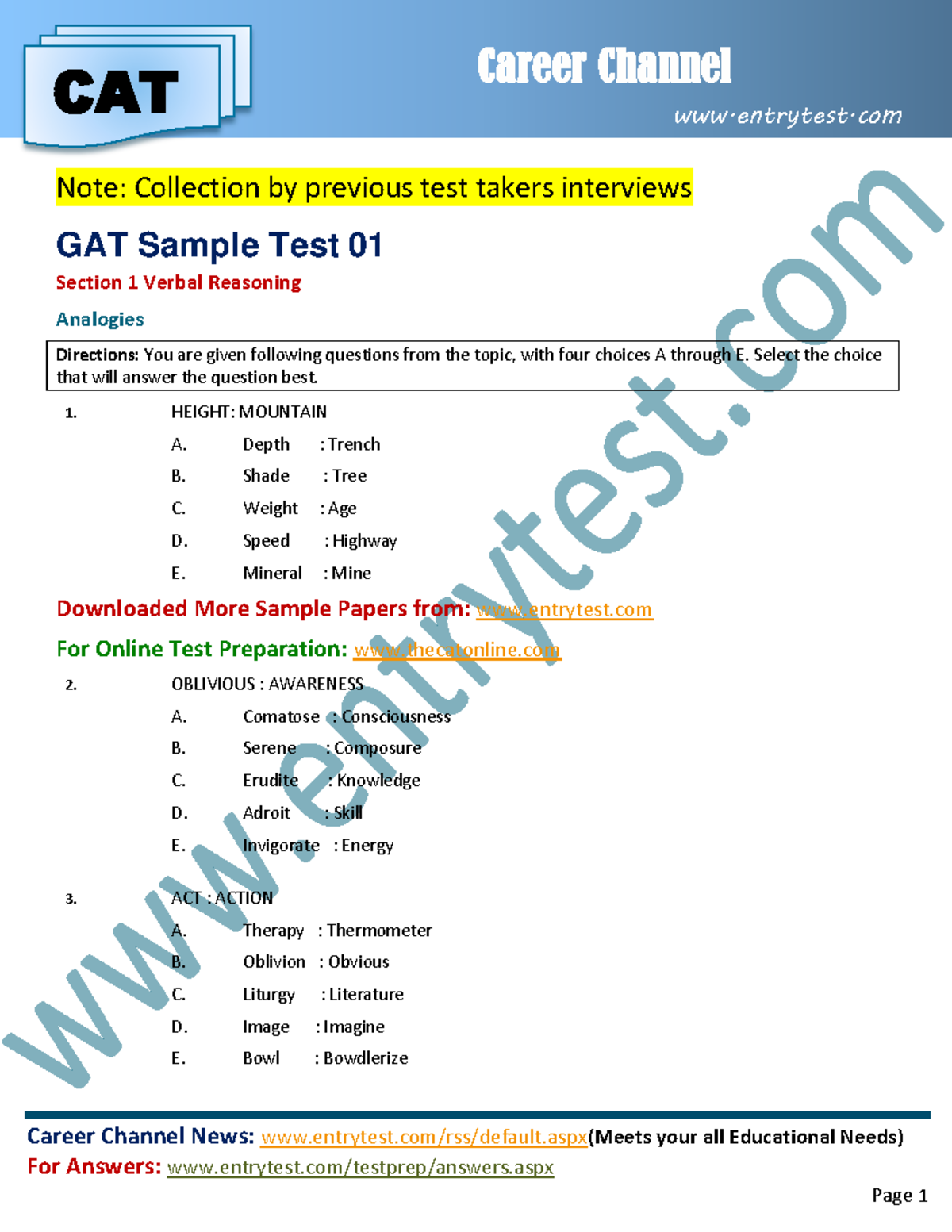 Gat sample test 01 - CAT entrytest Career Channel News: entrytest/rss ...