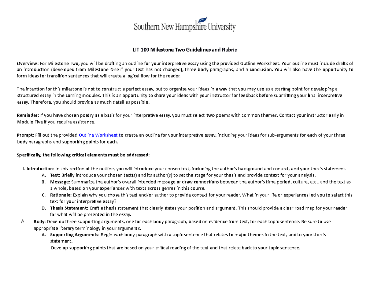 LIT 100 Milestone Two Guidelines and Rubric - Your outline must include ...