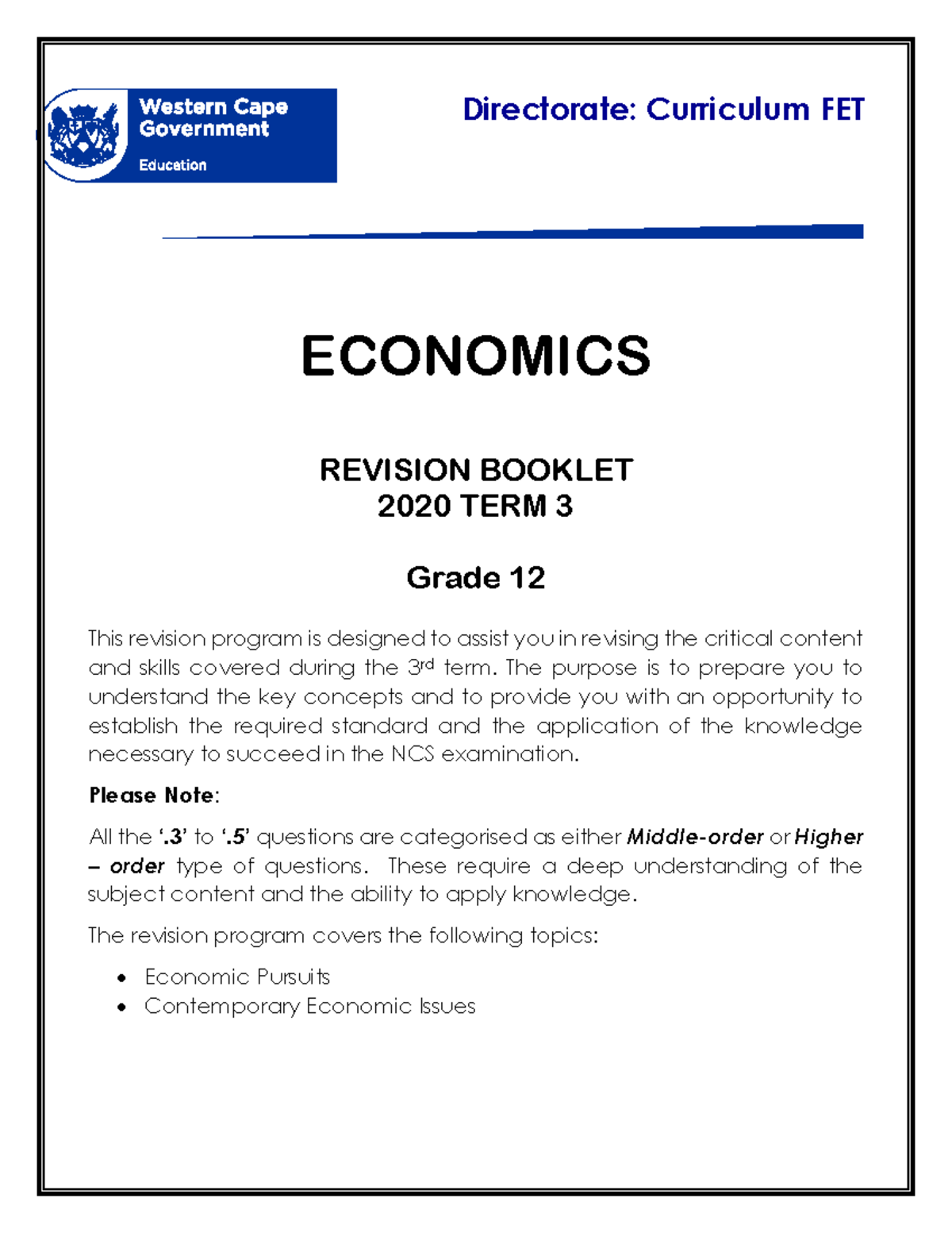 Economics revision materials Term 3 2020 - Directorate: Curriculum FET ...