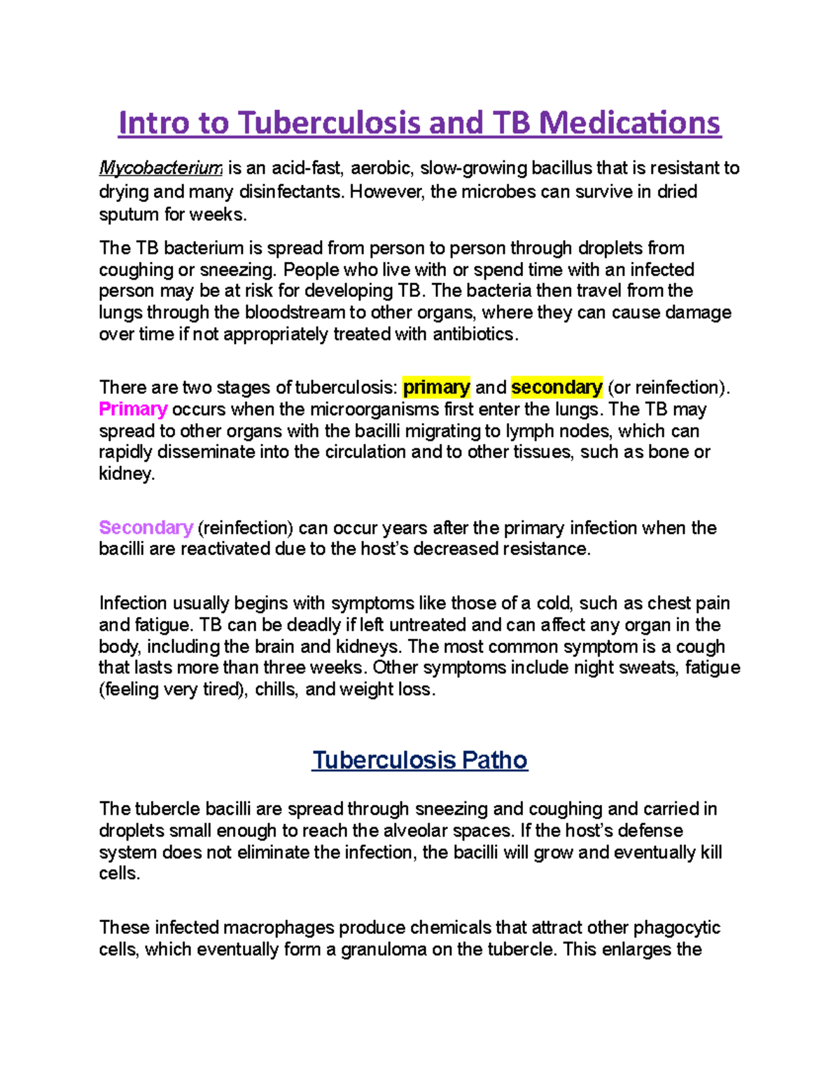 Intro to Tuberculosis and TB Medications Lecture - Intro to ...