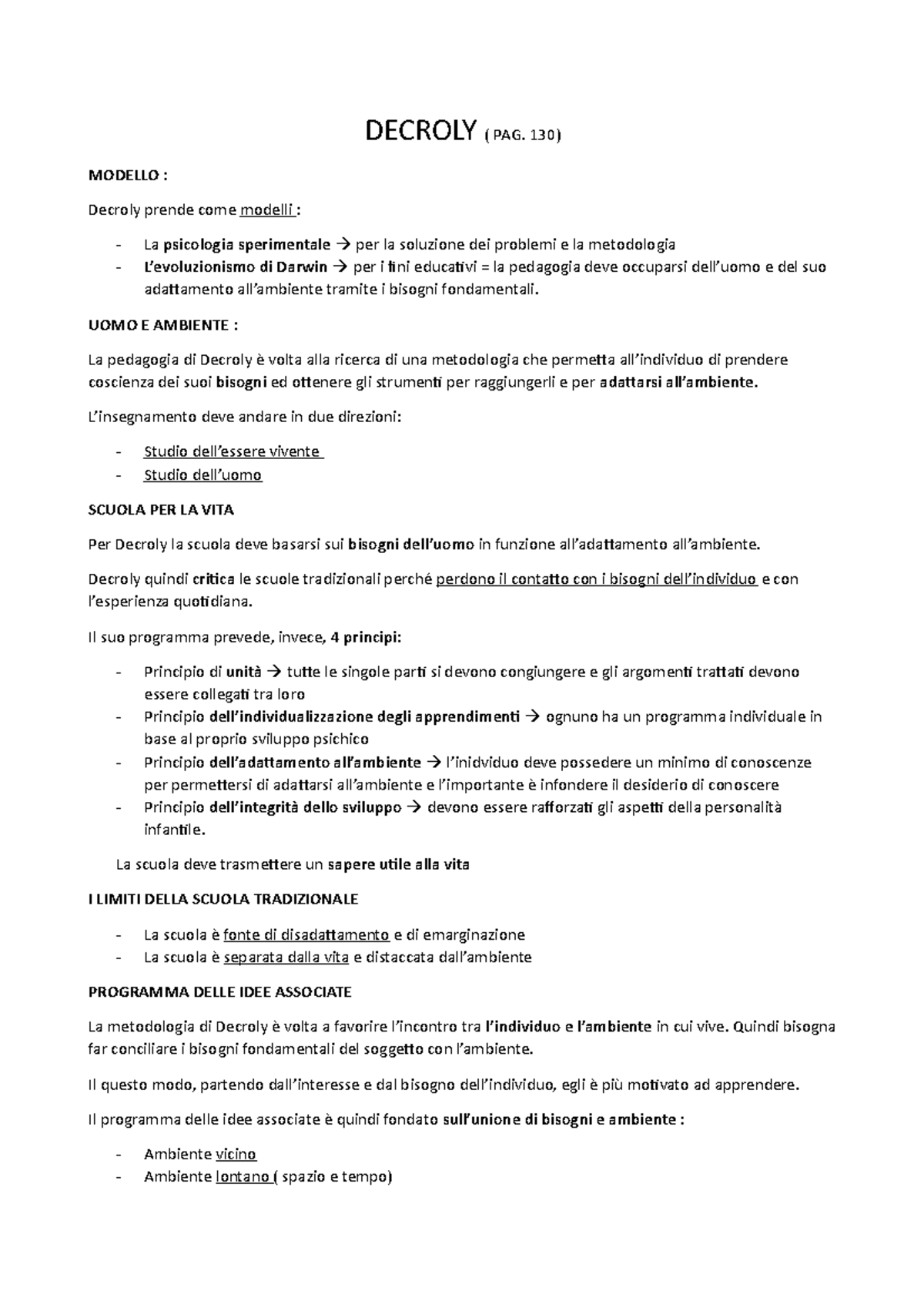 Pedagogia - Decroly - Schema riassuntivo - DECROLY ( PAG. 130) MODELLO ...