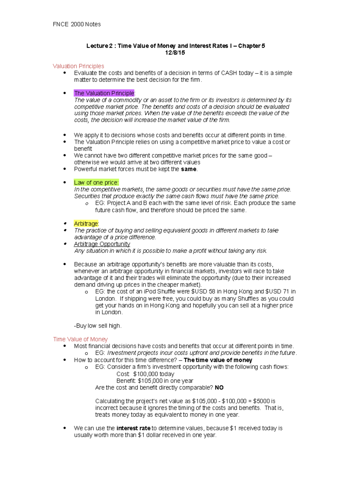 FNCE 2000 Notes - Lecture 2 : Time Value of Money and Interest Rates I ...